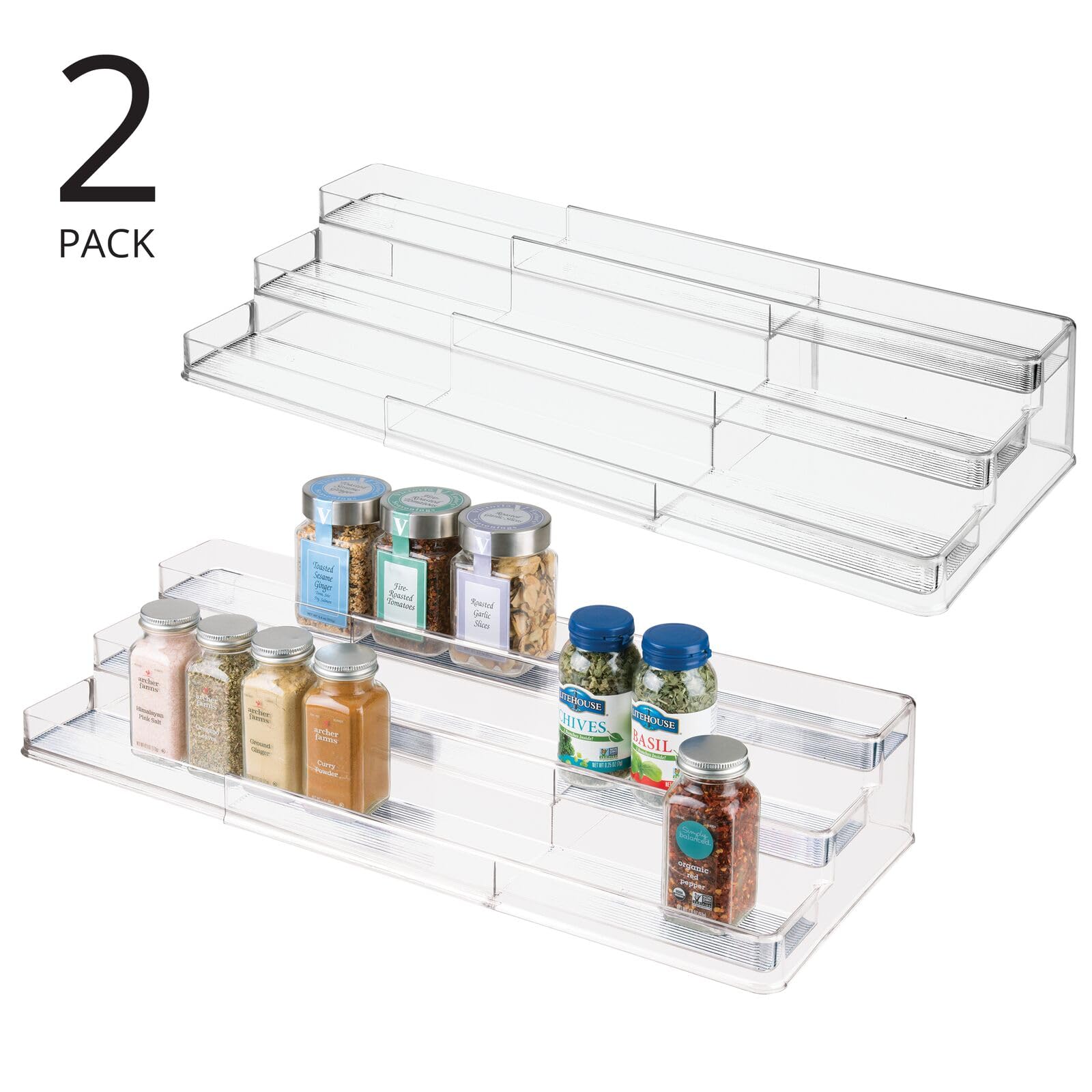 mDesign Plastic Shelf Adjustable & Expandable Spice Rack Organizer with 3 Tiers of Storage for Kitchen, Cabinet, Pantry Organization - Holds Spice Bottles, Seasonings - Ligne Collection, 2 Pack, Clear