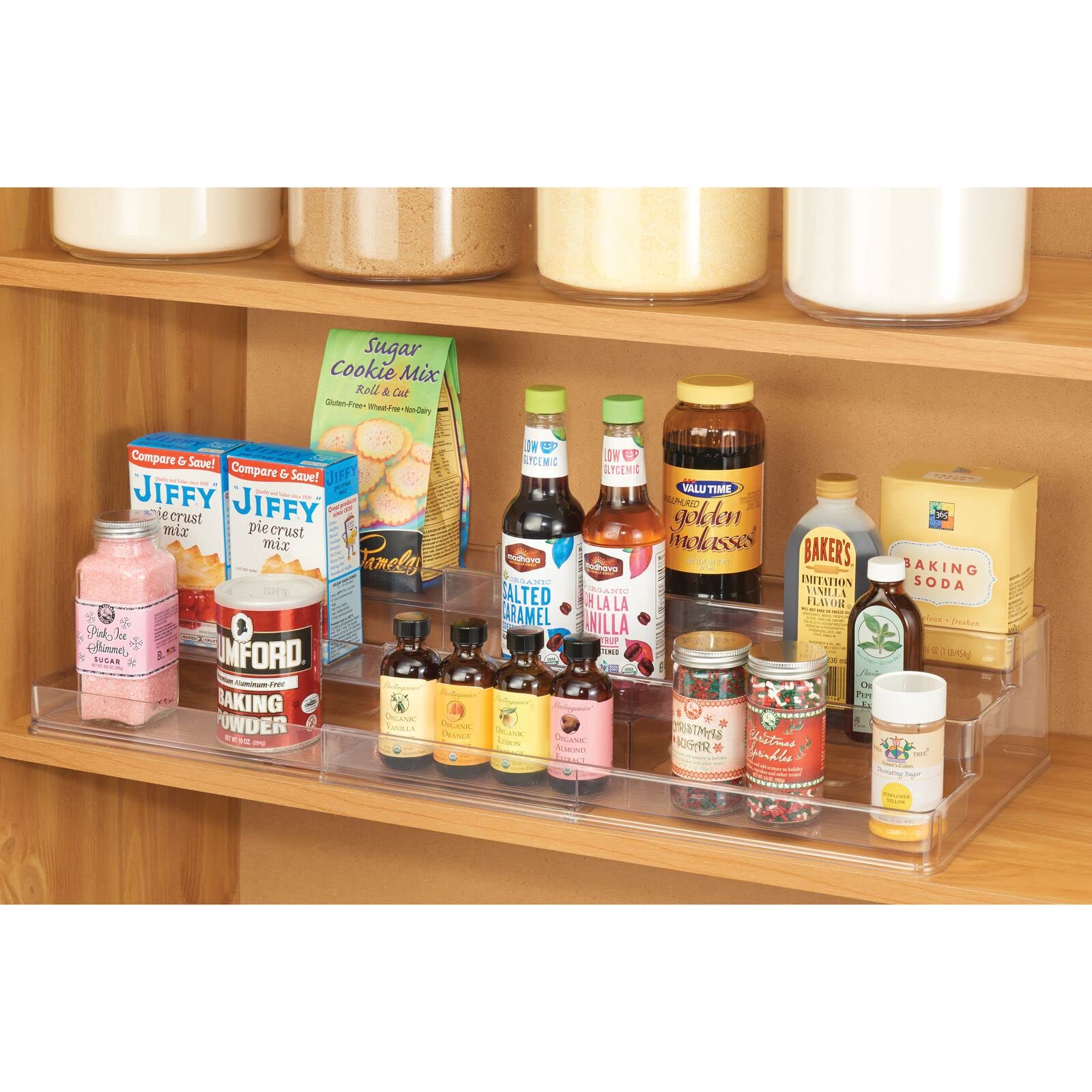 mDesign Plastic Shelf Adjustable & Expandable Spice Rack Organizer with 3 Tiers of Storage for Kitchen, Cabinet, Pantry Organization - Holds Spice Bottles, Seasonings - Ligne Collection, 2 Pack, Clear