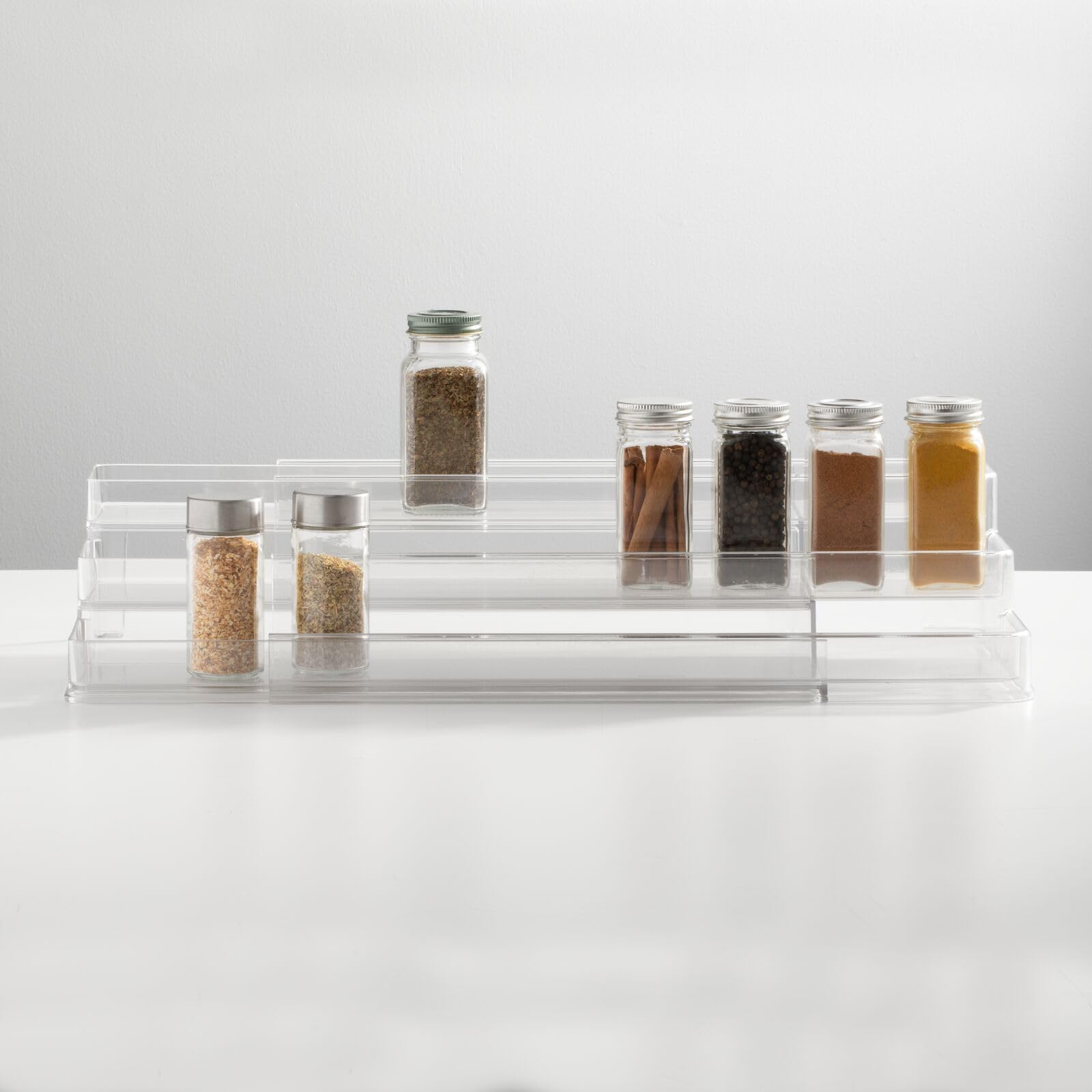 mDesign Plastic Shelf Adjustable & Expandable Spice Rack Organizer with 3 Tiers of Storage for Kitchen, Cabinet, Pantry Organization - Holds Spice Bottles, Seasonings - Ligne Collection, 2 Pack, Clear