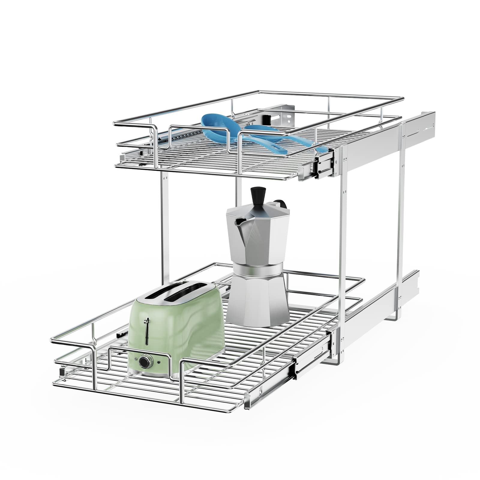 Individual Pull Out Cabinet Organizer (14"W x 21"D), 2 Tier Spice Rack Organizer for Cabinet, Slide Out Drawer Pantry Shelf Organization and Storage for Kitchen Bathroom