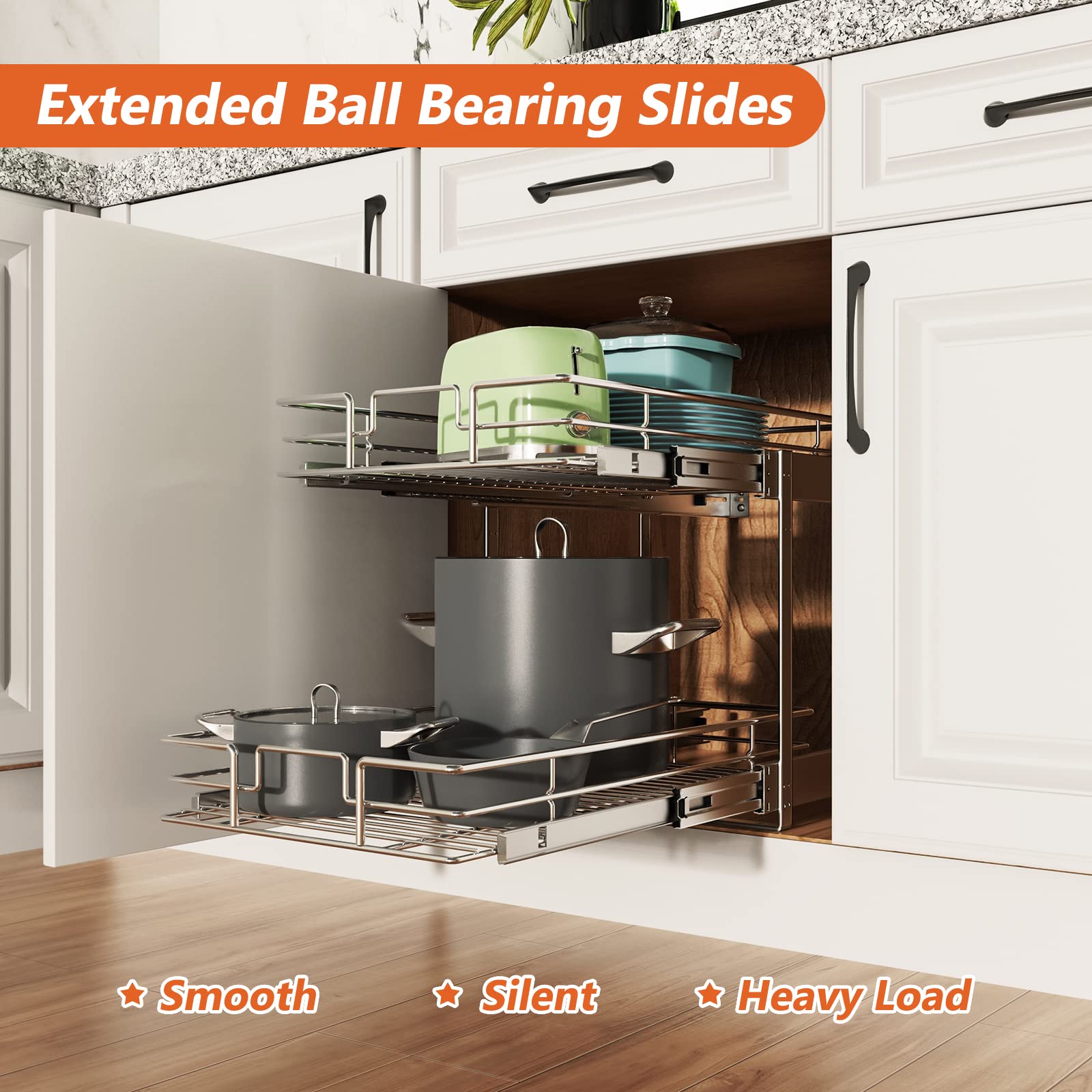 Individual Pull Out Cabinet Organizer (14"W x 21"D), 2 Tier Spice Rack Organizer for Cabinet, Slide Out Drawer Pantry Shelf Organization and Storage for Kitchen Bathroom