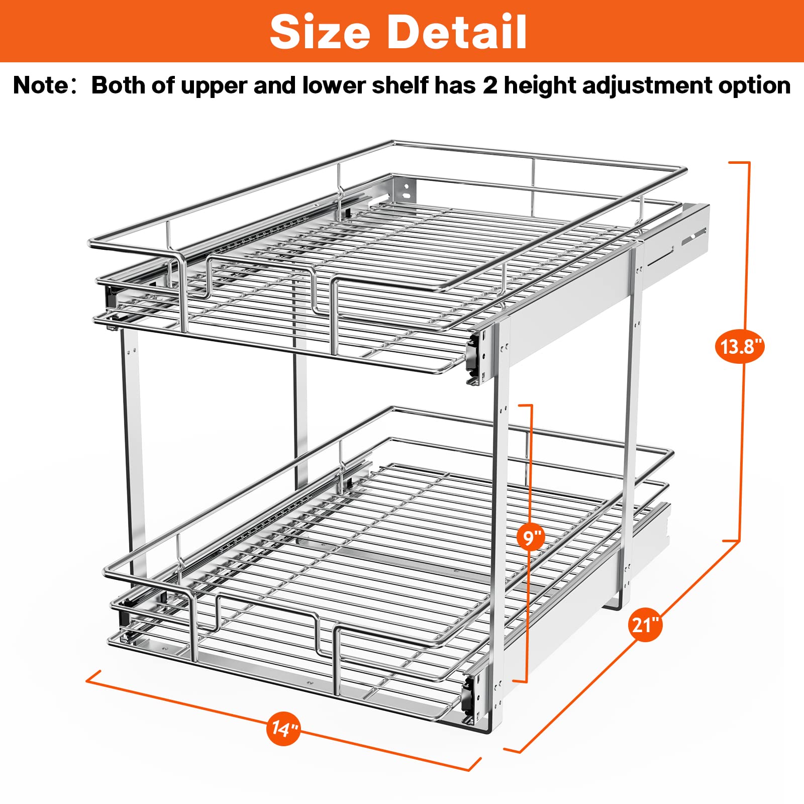 Individual Pull Out Cabinet Organizer (14"W x 21"D), 2 Tier Spice Rack Organizer for Cabinet, Slide Out Drawer Pantry Shelf Organization and Storage for Kitchen Bathroom