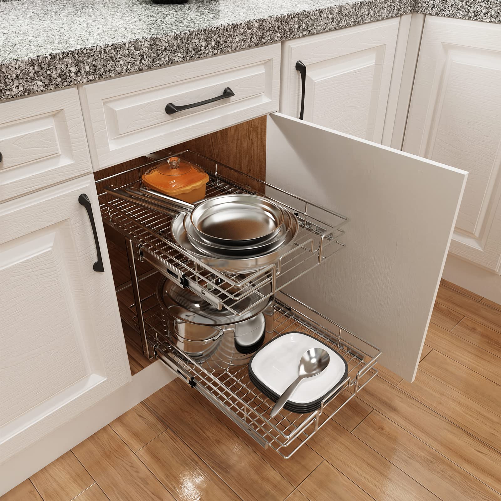 Individual Pull Out Cabinet Organizer (14"W x 21"D), 2 Tier Spice Rack Organizer for Cabinet, Slide Out Drawer Pantry Shelf Organization and Storage for Kitchen Bathroom