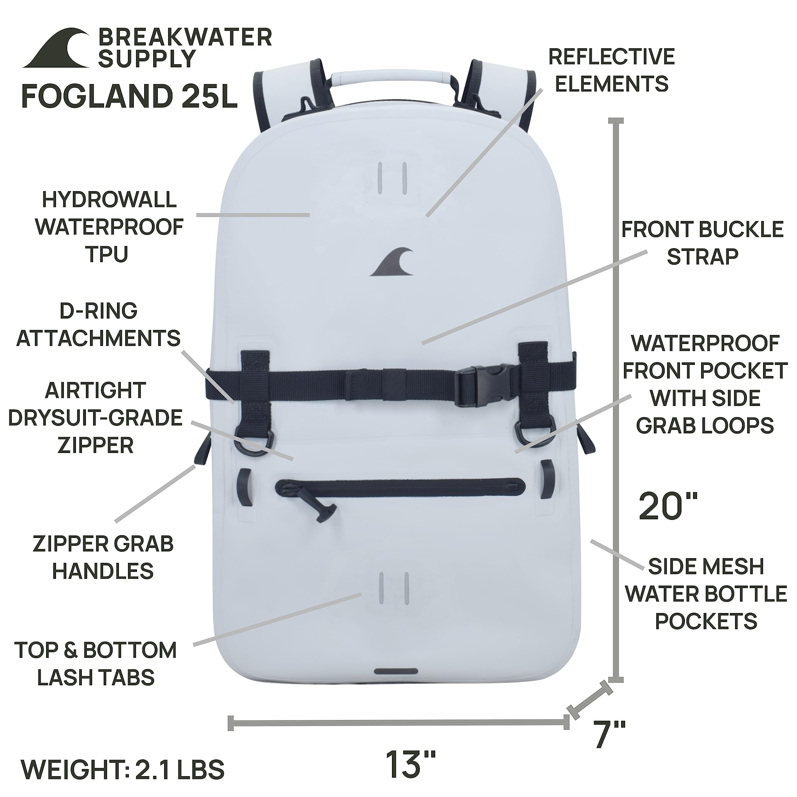Breakwater Supply™ Fogland Waterproof Submersible Backpack with Laptop Sleeve & Airtight Zippers for Outdoors, Travel, Boating, Kayaking, Surfing, Floating Dry Bag, Unisex, TPU (Fog White, 25L)