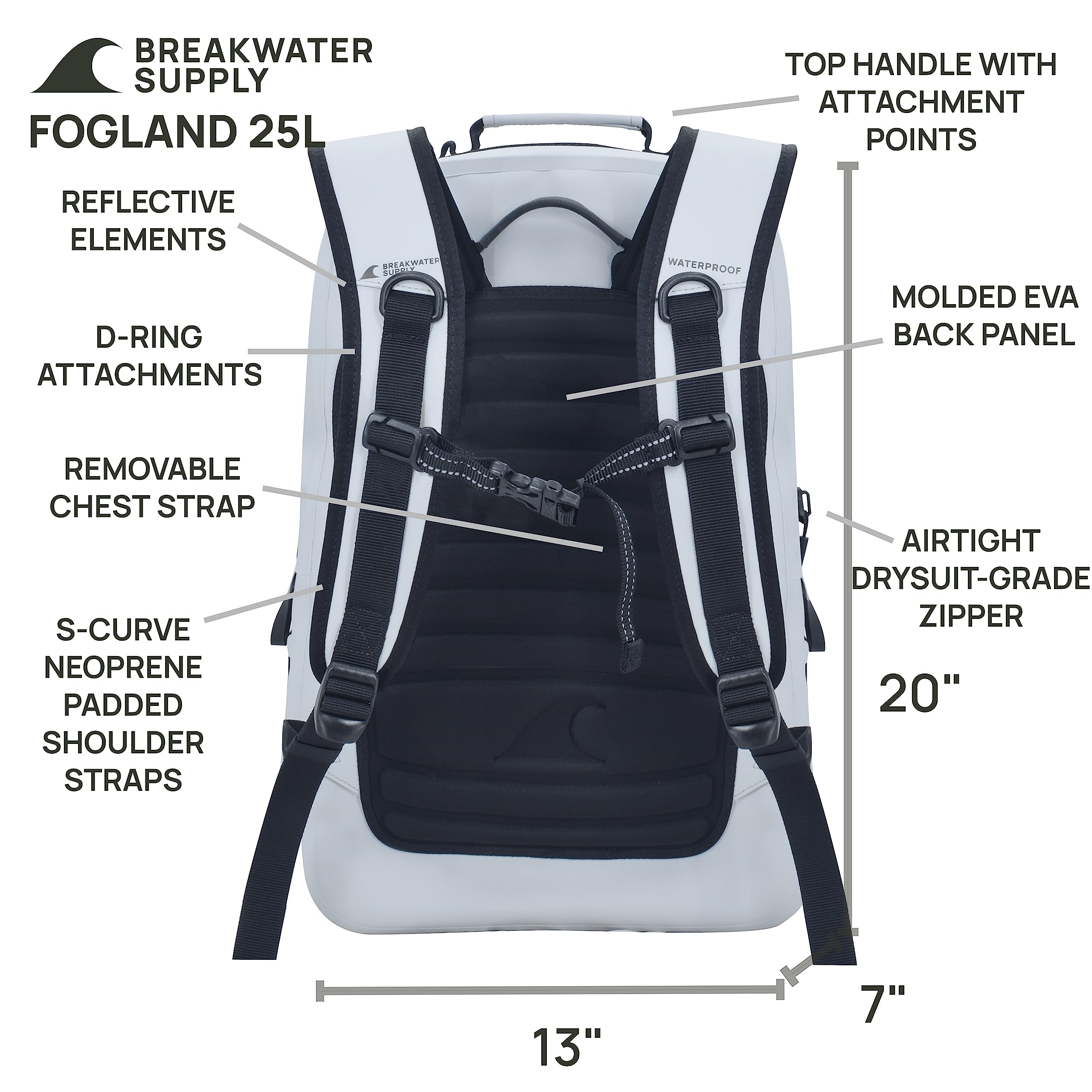 Breakwater Supply™ Fogland Waterproof Submersible Backpack with Laptop Sleeve & Airtight Zippers for Outdoors, Travel, Boating, Kayaking, Surfing, Floating Dry Bag, Unisex, TPU (Fog White, 25L)