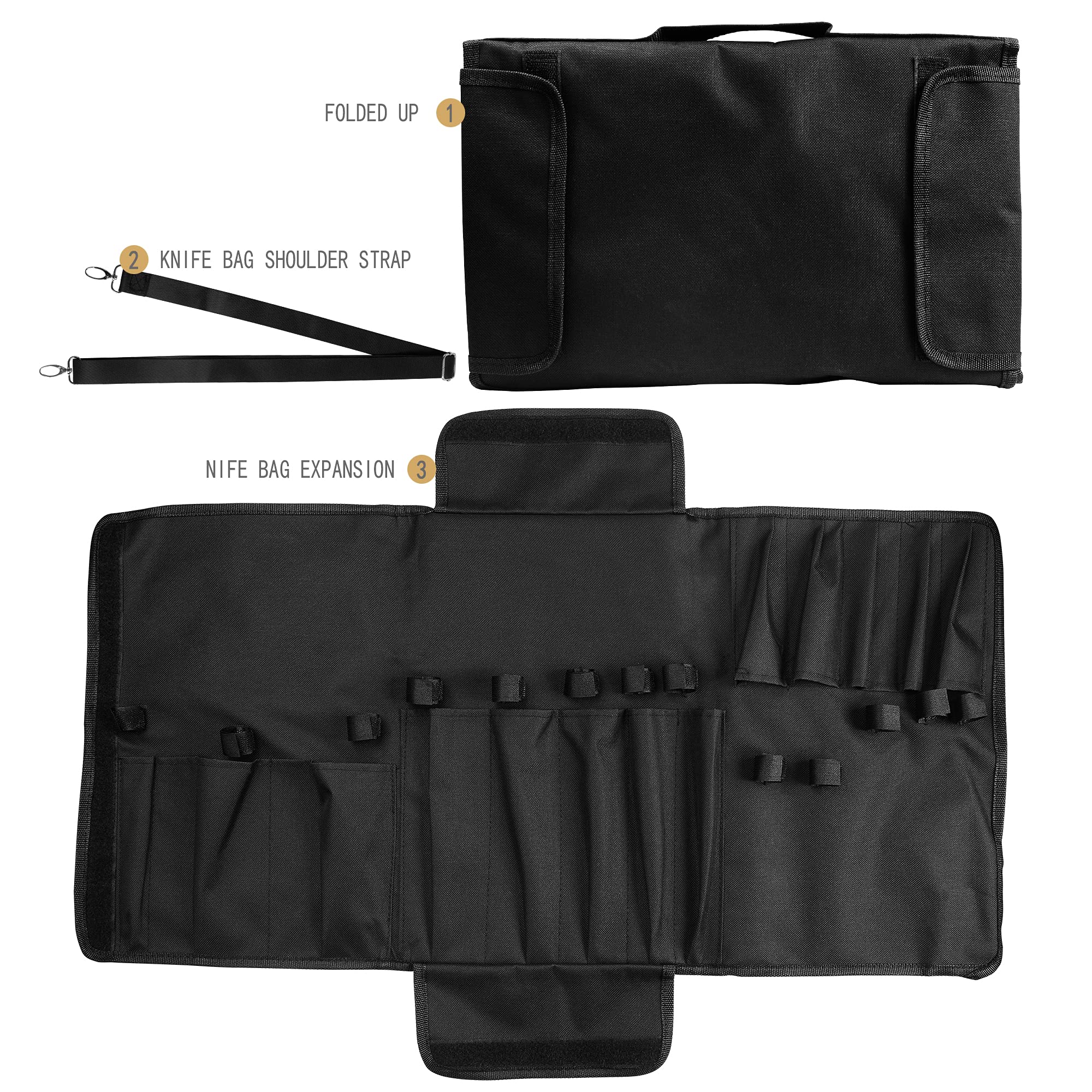 XYJ Black Knife Bag (13 slots) Carry Chef Knives Bags With Shoulder Belt Oxford Cloth Portable Case For Kitchen Knife Sharpener Rod Storging Tools (Knives Not Included)