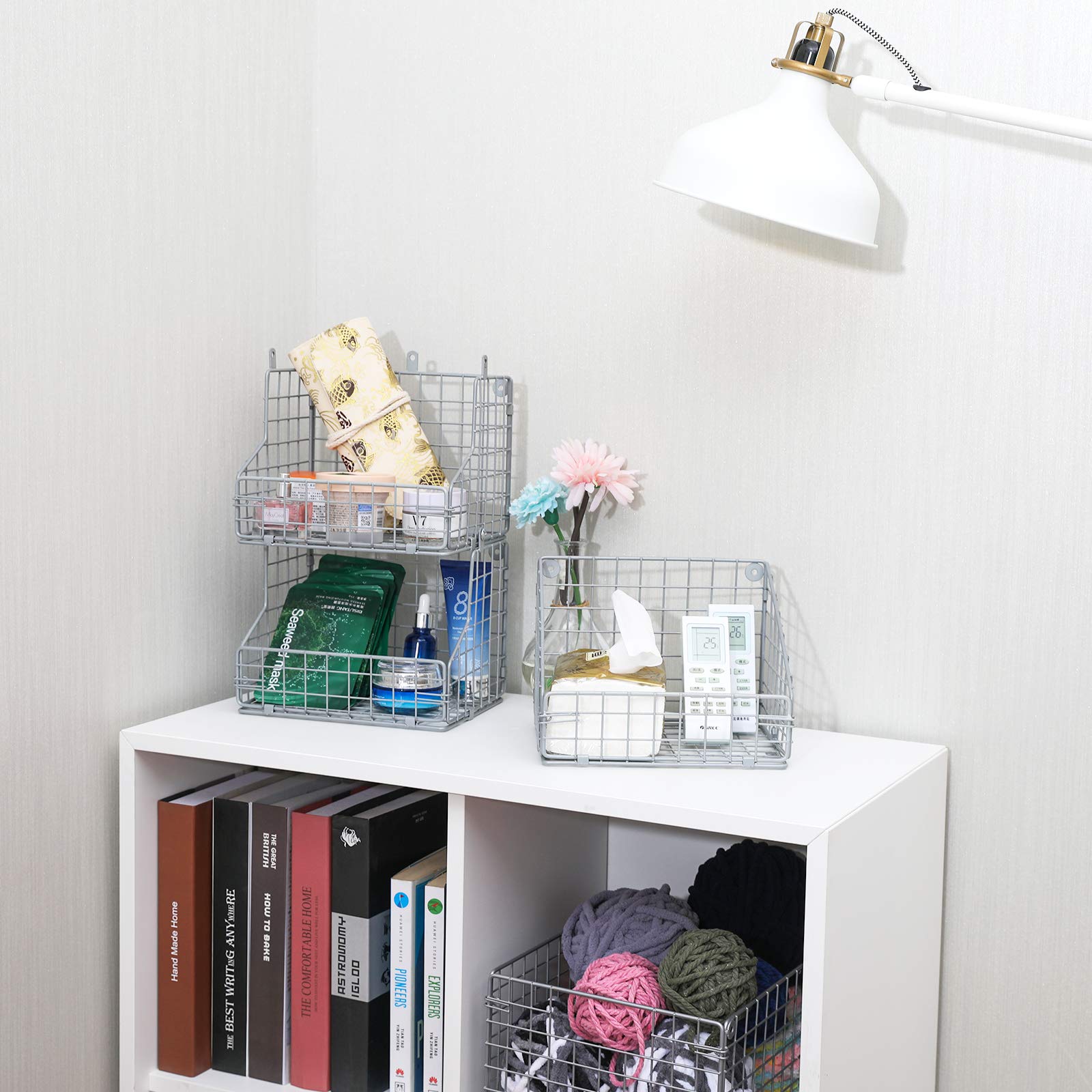 3 Tier Stackable Tea Bag Organizer with 5 Hooks Metal Wire Basket Coffee Condiment Snack Rack Holder Countertop Caddy Bin Wall Mount Shelf for Office Kitchen Cabinet Pantry-Silver Patent Desgin