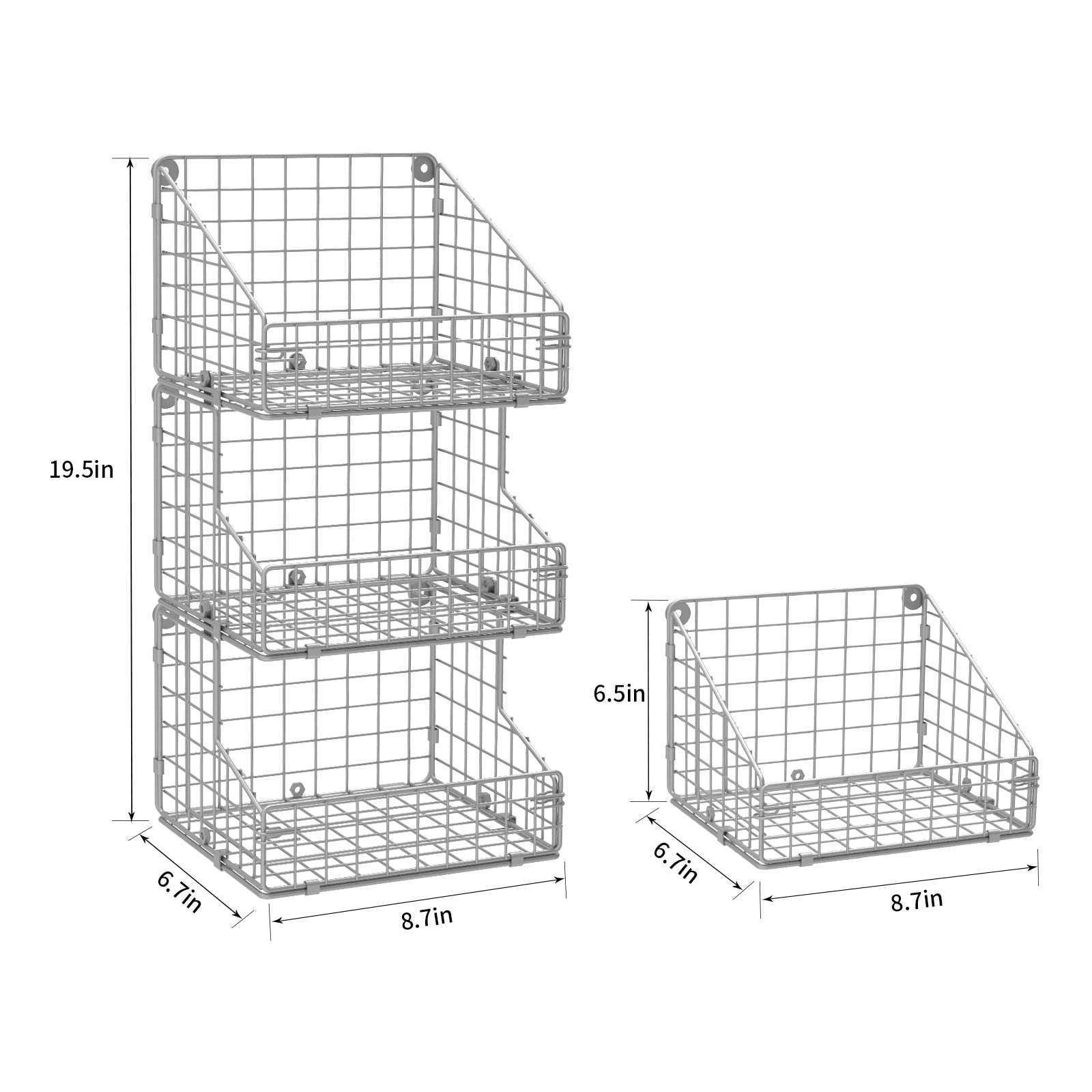 3 Tier Stackable Tea Bag Organizer with 5 Hooks Metal Wire Basket Coffee Condiment Snack Rack Holder Countertop Caddy Bin Wall Mount Shelf for Office Kitchen Cabinet Pantry-Silver Patent Desgin