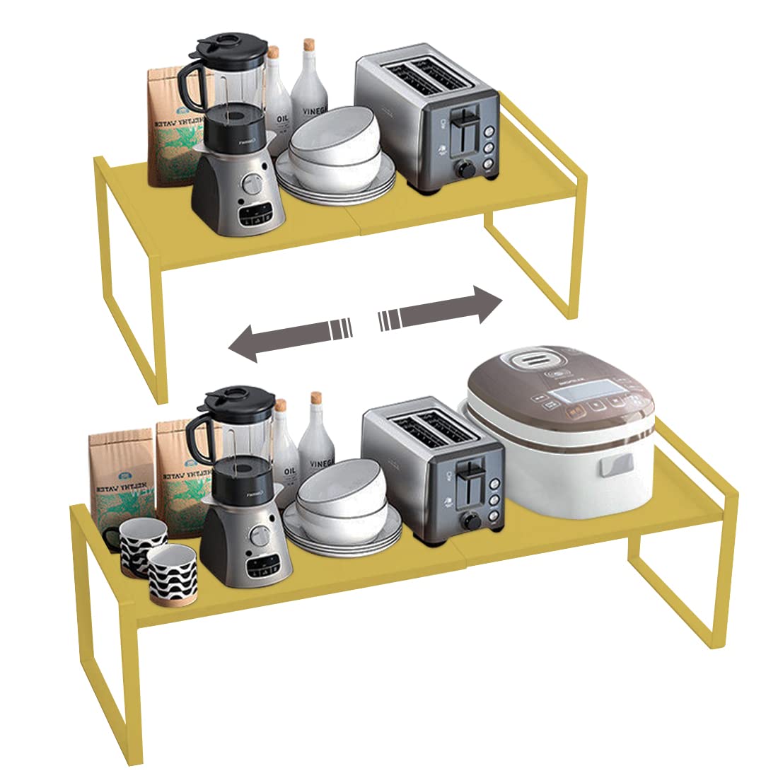 PASRLD Expandable Cabinet Shelf Organizers, Kitchen Cabinet Organizer Shelves Spice Rack Cupboard Organizers Storage, 14.1 to 23.6 Inch Metal Plate Shelves (Gold, 9Inches)