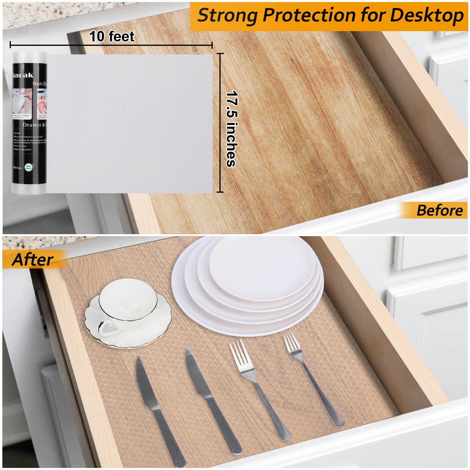 Anoak Shelf Liner Non Adhesive Drawer Liner, Non-Slip Kitchen Cabinet Liner Washable Refrigerator Liners Waterproof Fridge Liner Drawer Mat for Cupboard, Pantry Shelves, Bathroom (12 inches x 5 Feet)