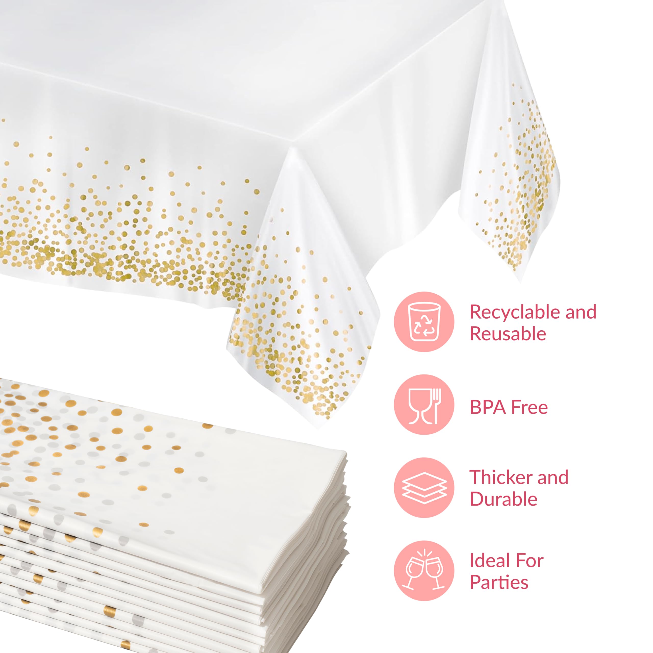 White Plastic Tablecloth - 4 Pack - 54 X 108 | Gold Dot Disposable Tablecloths | Plastic Tablecloth | White Tablecloths | Plastic Table Cover | Gold Tablecloths | Gold Party Decorations