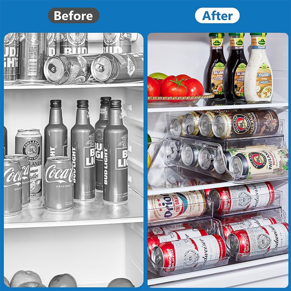 ROWNYEON Rolling Refrigerator Organizer Bins, Pop Soda Can Dispenser with Lid for Fridge, Pantry, Freezer, Beverage Holder,Canned Food Organizer – holds up to 11 tall and slim skinny cans