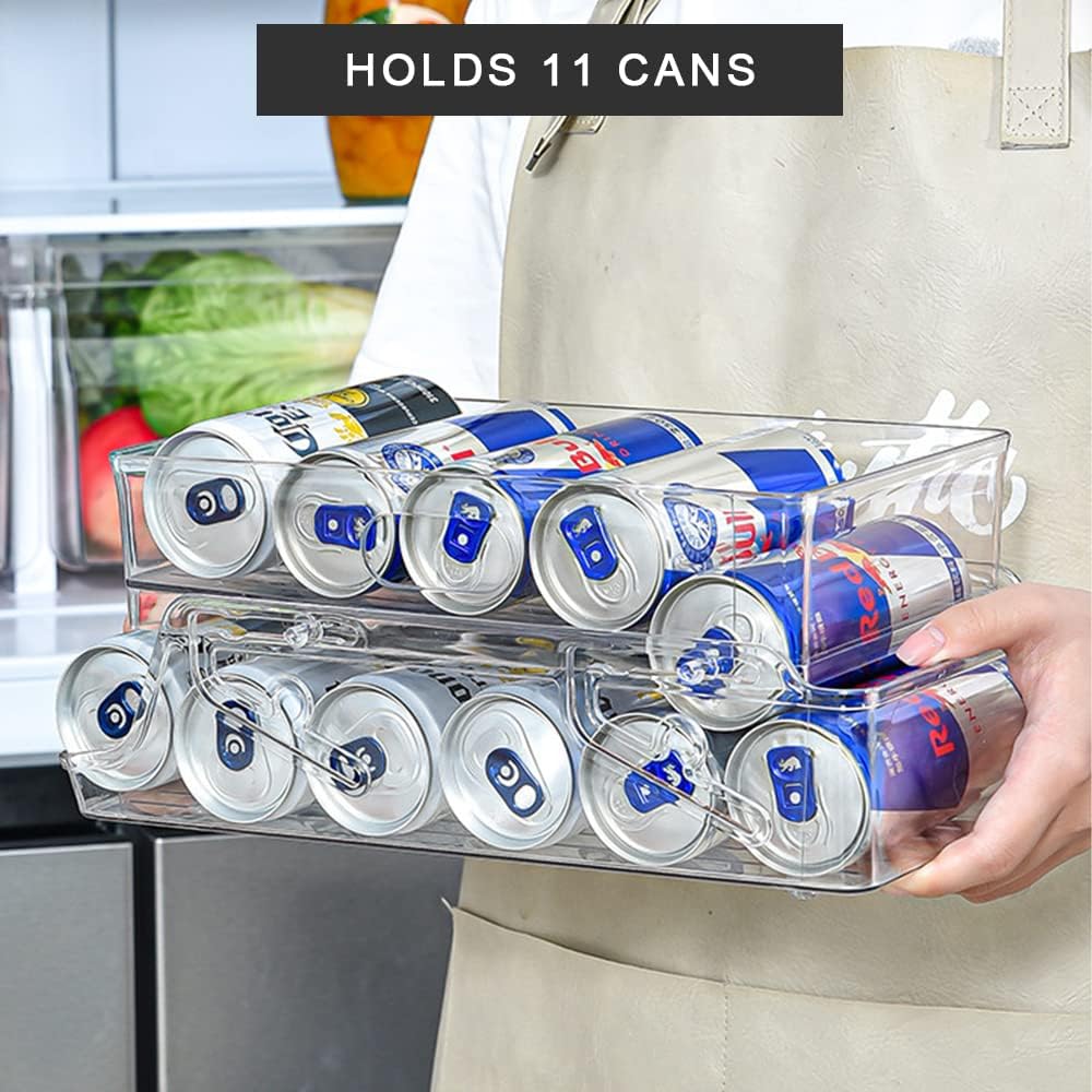 ROWNYEON Rolling Refrigerator Organizer Bins, Pop Soda Can Dispenser with Lid for Fridge, Pantry, Freezer, Beverage Holder,Canned Food Organizer – holds up to 11 tall and slim skinny cans