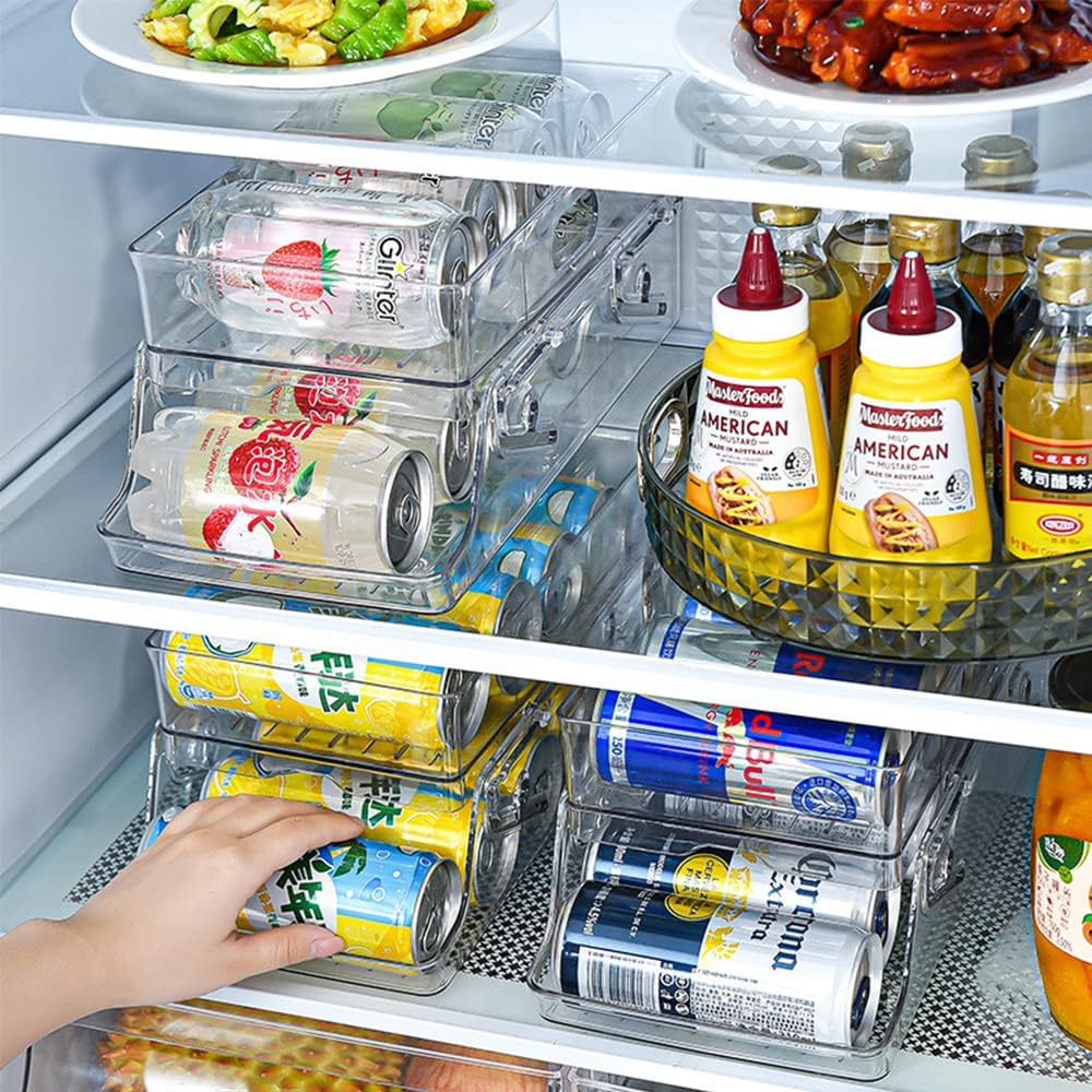 ROWNYEON Rolling Refrigerator Organizer Bins, Pop Soda Can Dispenser with Lid for Fridge, Pantry, Freezer, Beverage Holder,Canned Food Organizer – holds up to 11 tall and slim skinny cans