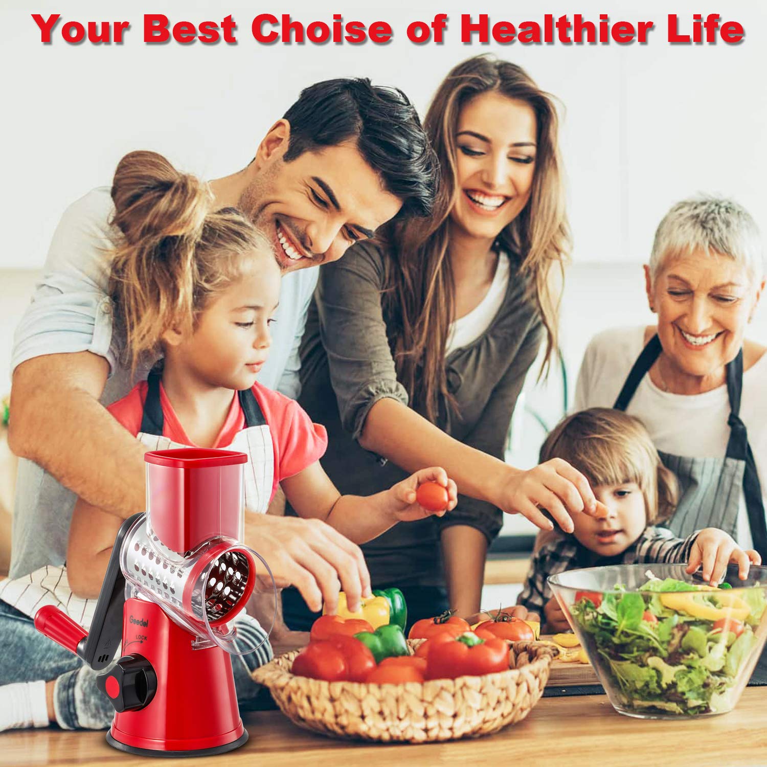 Geedel Rotary Cheese Grater, Kitchen Mandoline Vegetable Slicer with 3 Interchangeable Blades, Easy to Clean Rotary Grater Slicer for Fruit, Vegetables, Nuts