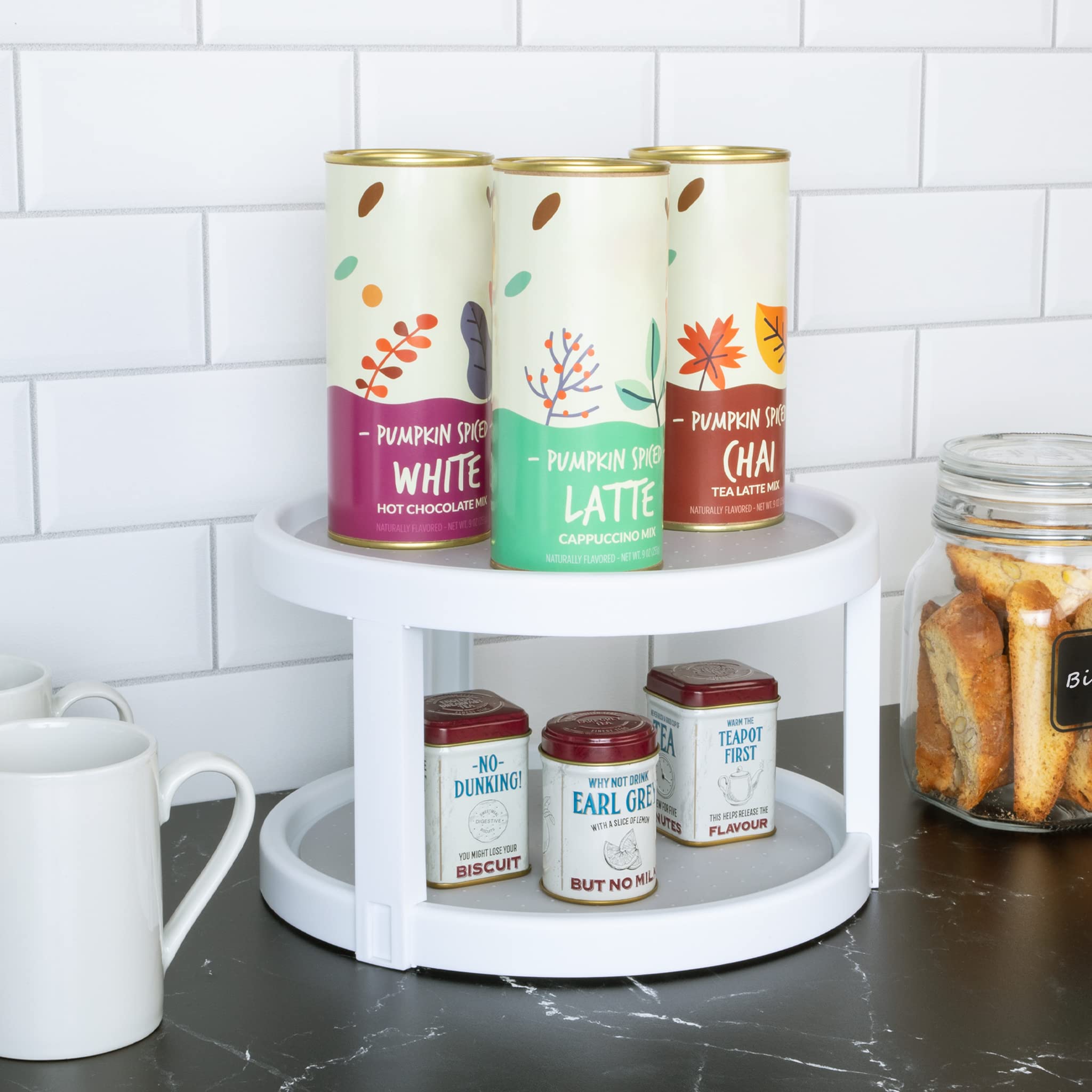 Smart Design 2-Tier Lazy Susan Turntable - 10 Inch - Non-Slip Lining and Feet - BPA Free - Cupboard, Fridge, Jars, Spices, Cabinet, Countertop, Pantry, Storage, Kitchen Organizer - White with Gray