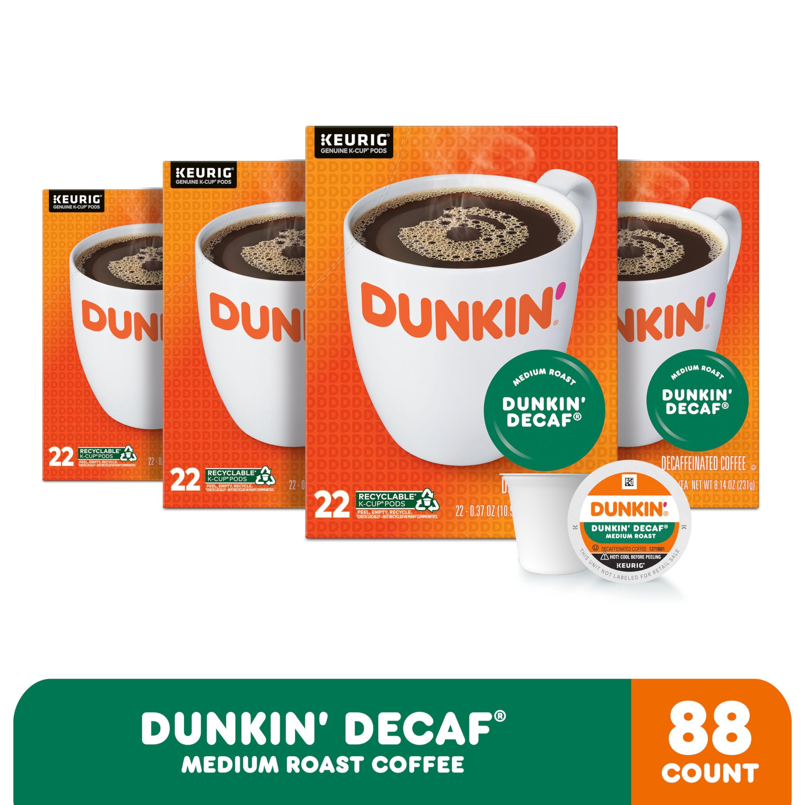 Dunkin' Decaf Medium Roast Coffee, 88 Keurig K-Cup Pods