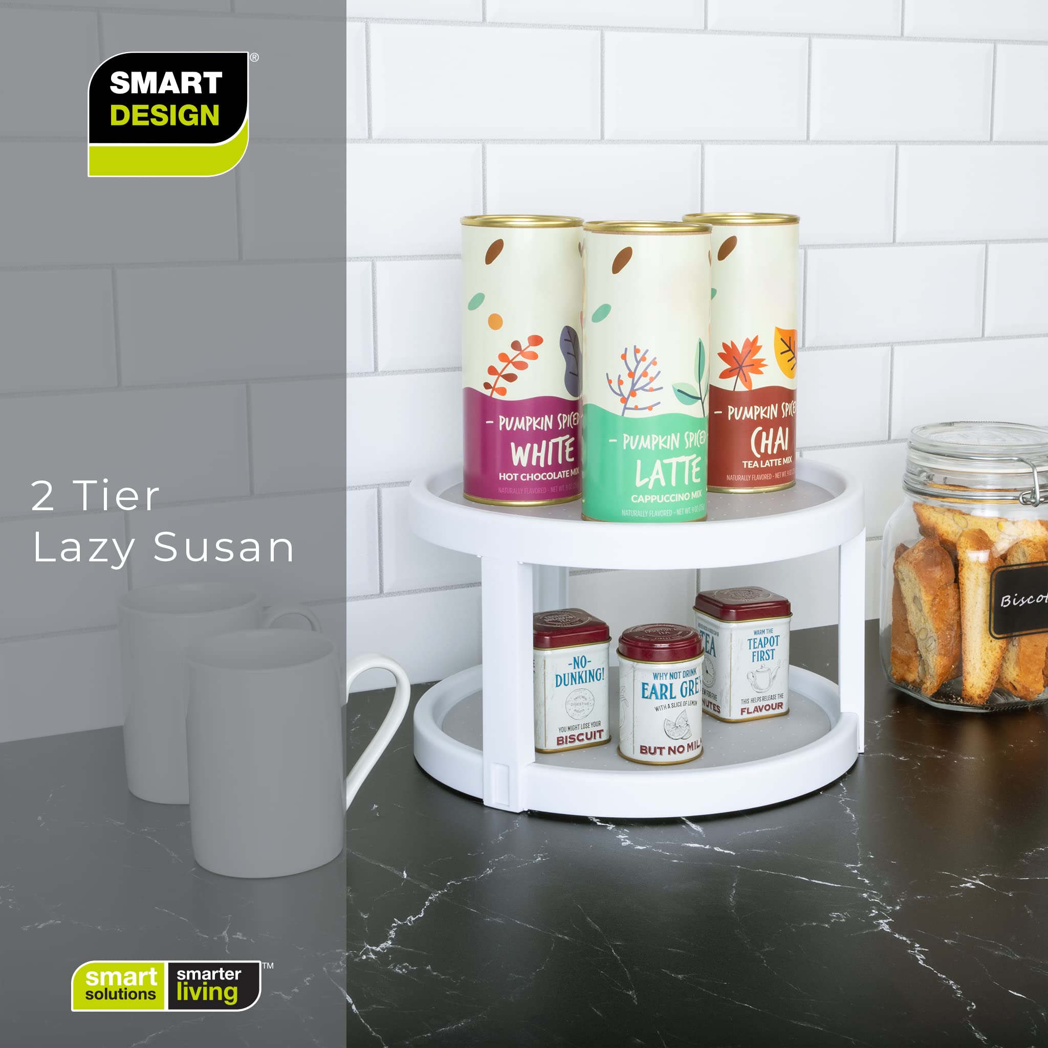 Smart Design 2-Tier Lazy Susan Turntable - 10 Inch - Non-Slip Lining and Feet - BPA Free - Cupboard, Fridge, Jars, Spices, Cabinet, Countertop, Pantry, Storage, Kitchen Organizer - White with Gray