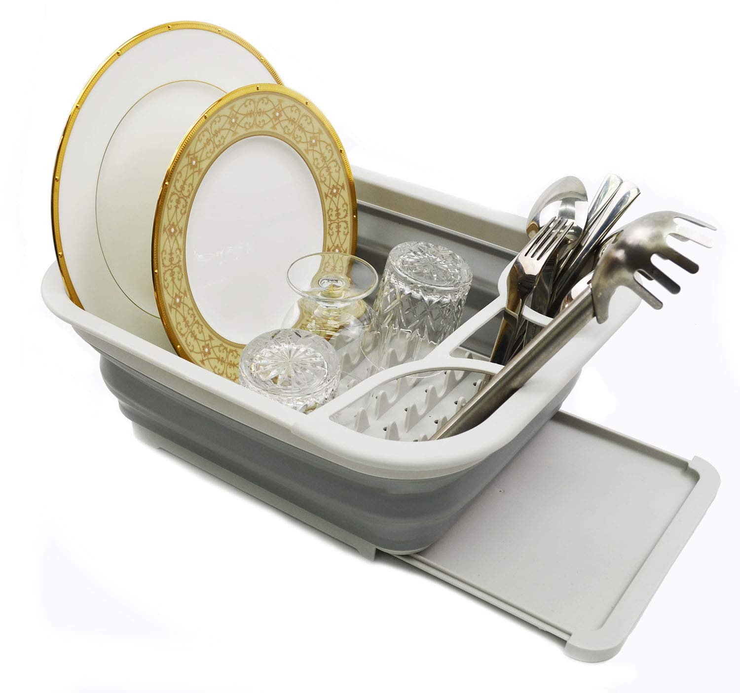 SAMMART Collapsible Dish Drainer with Drainer Board - Foldable Drying Rack Set - Portable Dinnerware Organizer - Space Saving Kitchen Storage Tray (1, Grey)