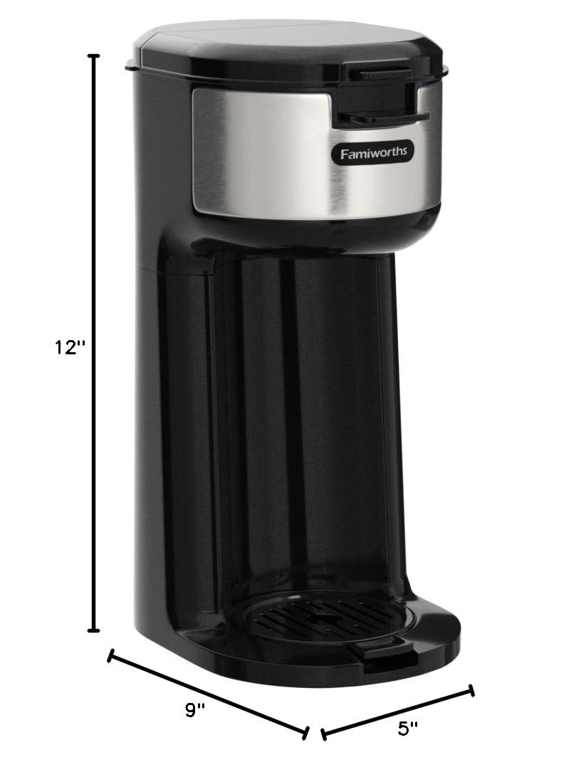 Famiworths Single Serve Coffee Maker for K Cup and Ground Coffee, 6 to 14 Oz Brew Sizes, Fits Travel Mug, Mini One Cup Coffee Maker with Self-cleaning Function, Black