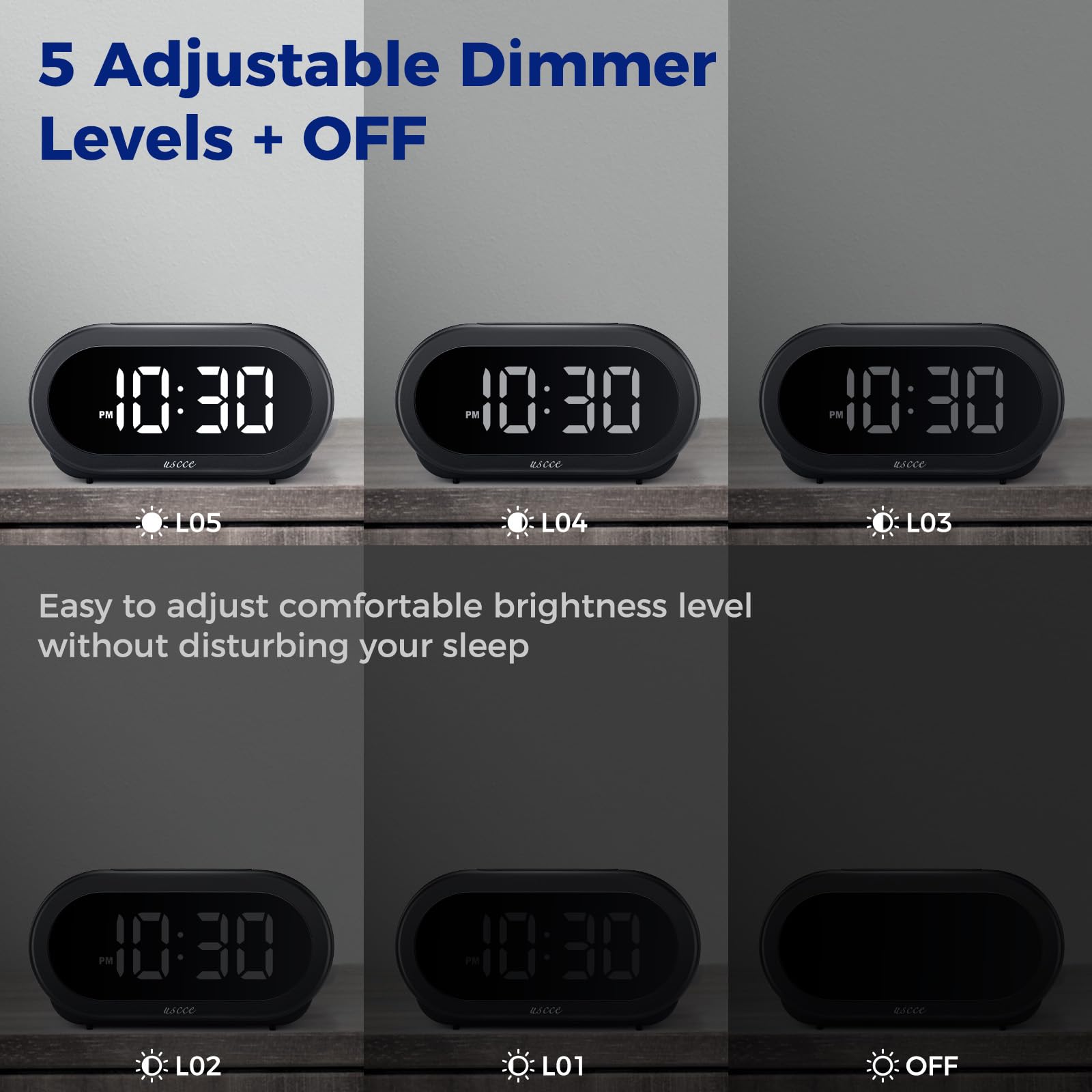 USCCE Small LED Digital Alarm Clock with Snooze, Easy to Set, Full Range Brightness Dimmer, Adjustable Alarm Volume with 5 Alarm Sounds, USB Charger, 12/24Hr, Compact Clock for Bedrooms, Bedside, Desk