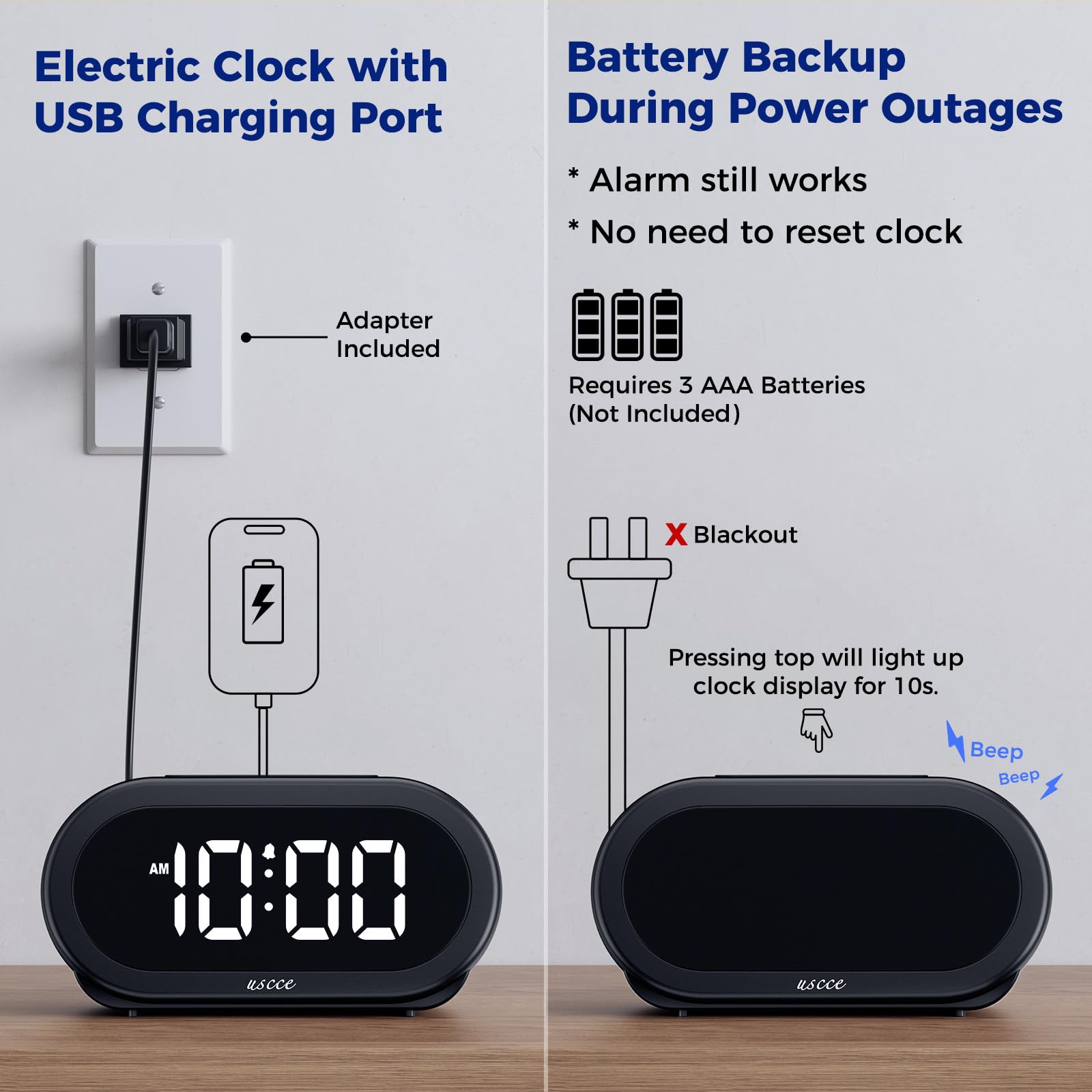 USCCE Small LED Digital Alarm Clock with Snooze, Easy to Set, Full Range Brightness Dimmer, Adjustable Alarm Volume with 5 Alarm Sounds, USB Charger, 12/24Hr, Compact Clock for Bedrooms, Bedside, Desk