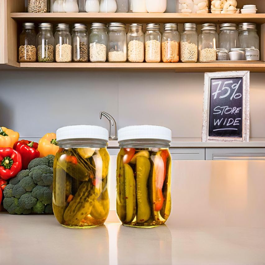 Jarming Collections Mason Jars 16 oz - Glass Jars with Plastic Lids- Glass Storage Jars with Regular Mouth Lids- Jars with Lids- Canning Jars, Pint Jars- Set of 2, 16 oz Mason Jars, White Lids