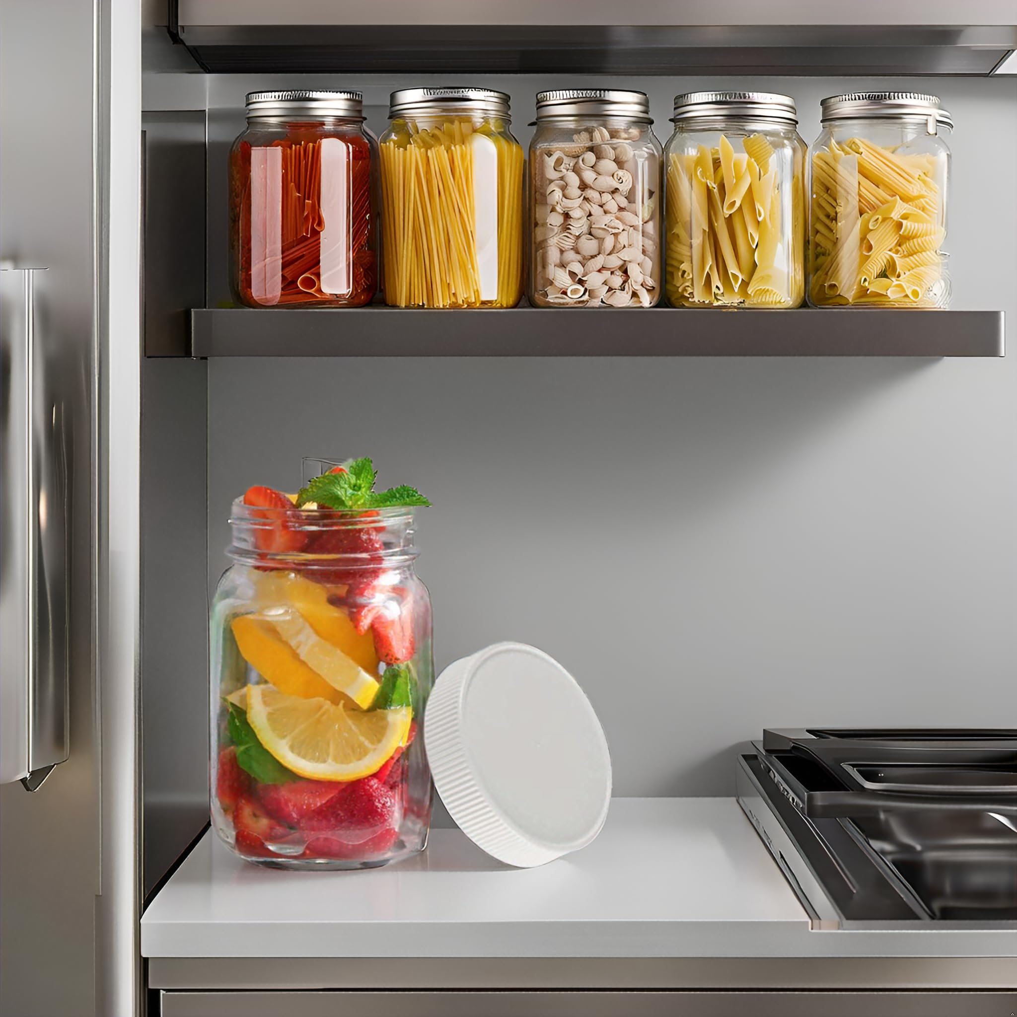 Jarming Collections Mason Jars 16 oz - Glass Jars with Plastic Lids- Glass Storage Jars with Regular Mouth Lids- Jars with Lids- Canning Jars, Pint Jars- Set of 2, 16 oz Mason Jars, White Lids