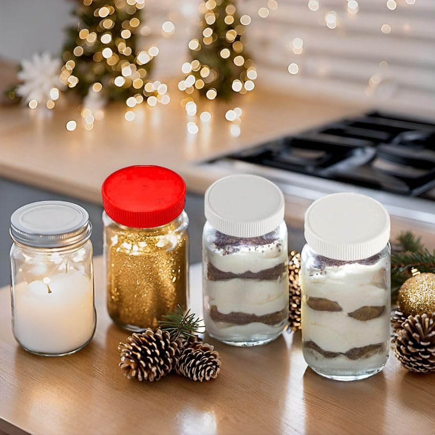 Jarming Collections Mason Jars 16 oz - Glass Jars with Plastic Lids- Glass Storage Jars with Regular Mouth Lids- Jars with Lids- Canning Jars, Pint Jars- Set of 2, 16 oz Mason Jars, White Lids