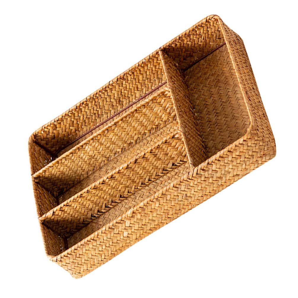 Zerodeko Rattan Flatware Tray Kitchen Utensil Drawer Organizer Wicker Serving Basket Flatware Cutlery Organiser Tray Farmhouse Woven Cutlery Forks Holder Dividers