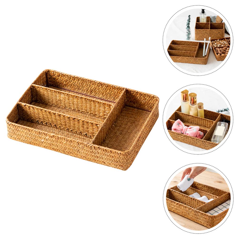 Zerodeko Rattan Flatware Tray Kitchen Utensil Drawer Organizer Wicker Serving Basket Flatware Cutlery Organiser Tray Farmhouse Woven Cutlery Forks Holder Dividers