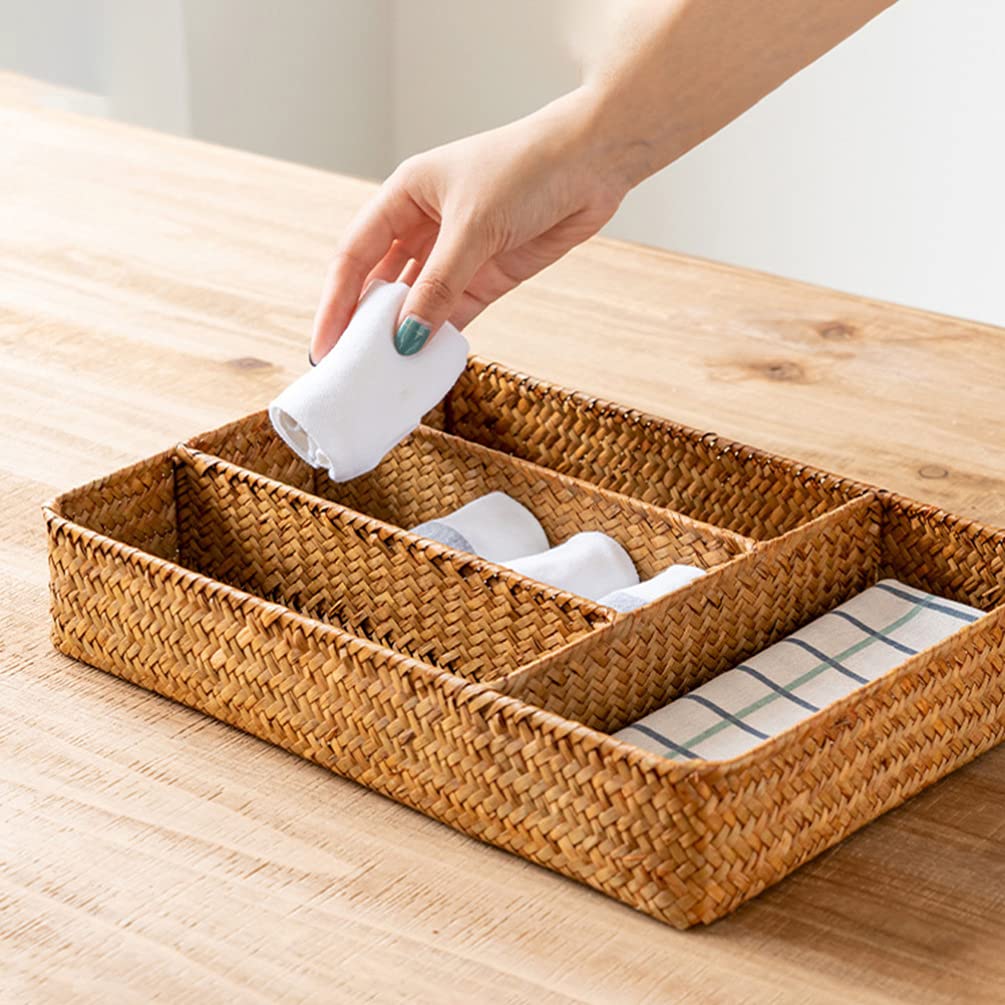 Zerodeko Rattan Flatware Tray Kitchen Utensil Drawer Organizer Wicker Serving Basket Flatware Cutlery Organiser Tray Farmhouse Woven Cutlery Forks Holder Dividers