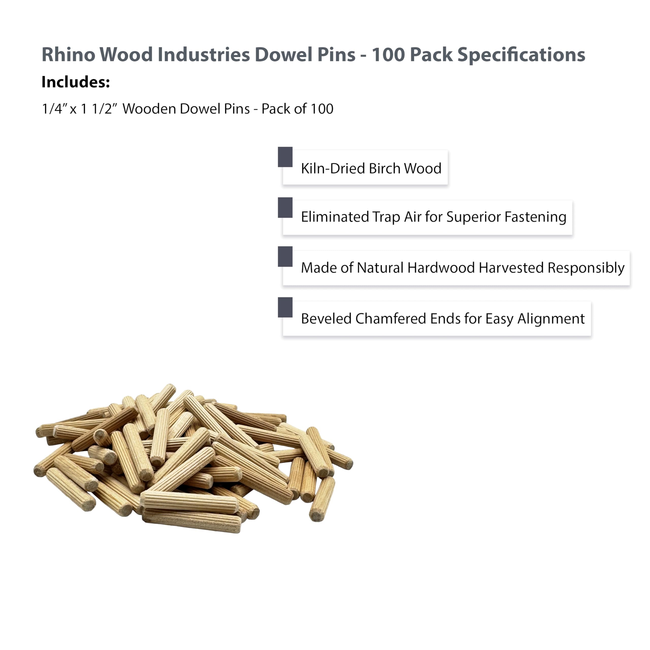 100 Pack 1/4" x 1 1/2" Wooden Dowel Pins Wood Kiln Dried Fluted and Beveled, Made of Hardwood