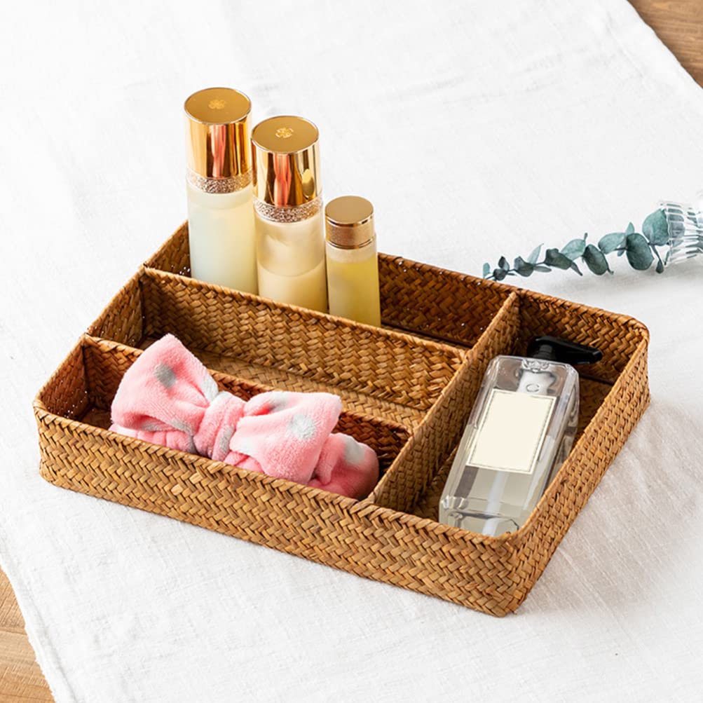 Zerodeko Rattan Flatware Tray Kitchen Utensil Drawer Organizer Wicker Serving Basket Flatware Cutlery Organiser Tray Farmhouse Woven Cutlery Forks Holder Dividers