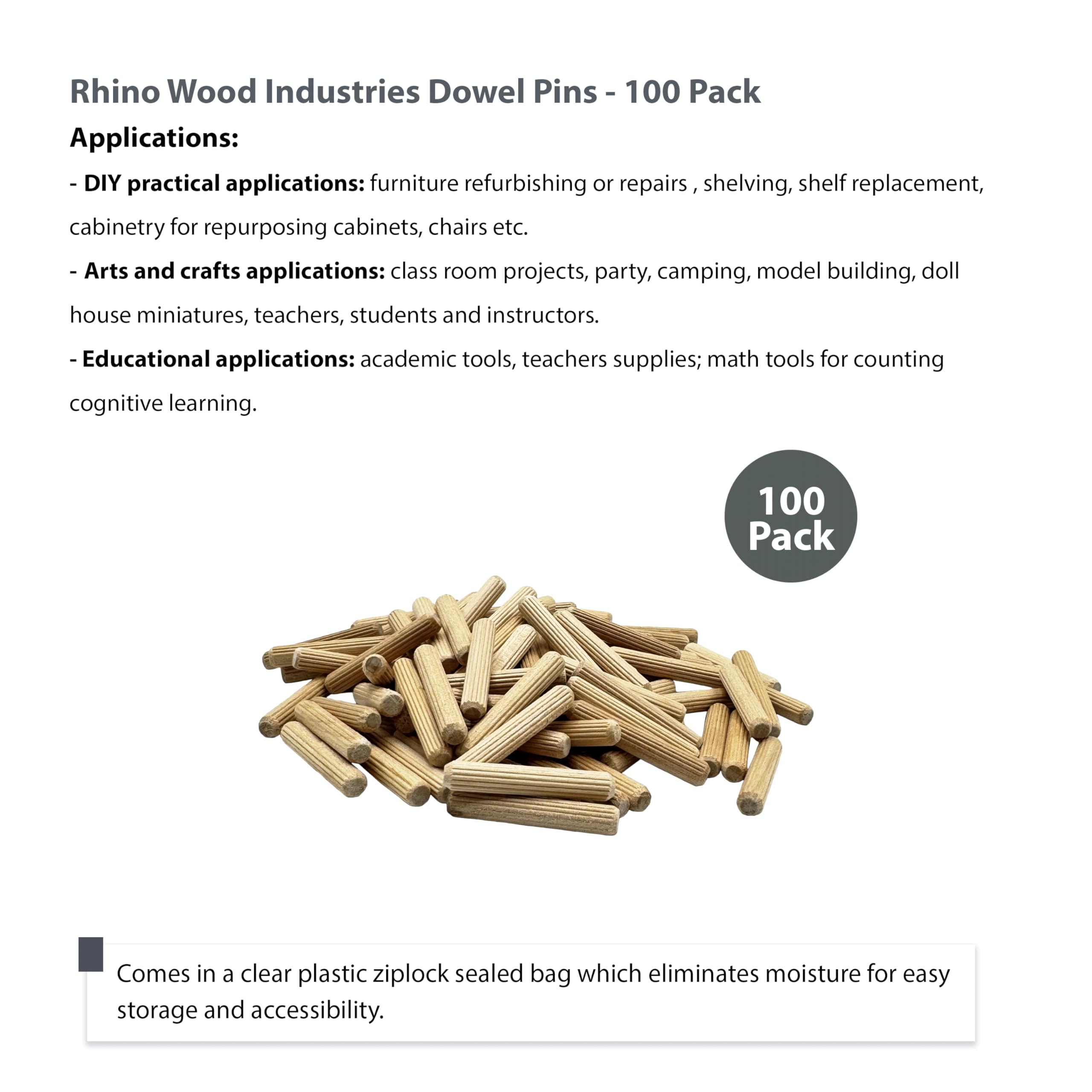 100 Pack 1/4" x 1 1/2" Wooden Dowel Pins Wood Kiln Dried Fluted and Beveled, Made of Hardwood