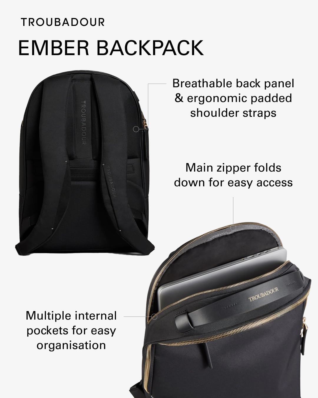 Troubadour Ember Backpack - Luxury Multipurpose Backpack - Made from Lightweight, Waterproof, Vegan Materials - Spacious Organization - Perfect for Travel, Work, School, the Gym, or On-The-Go - Navy