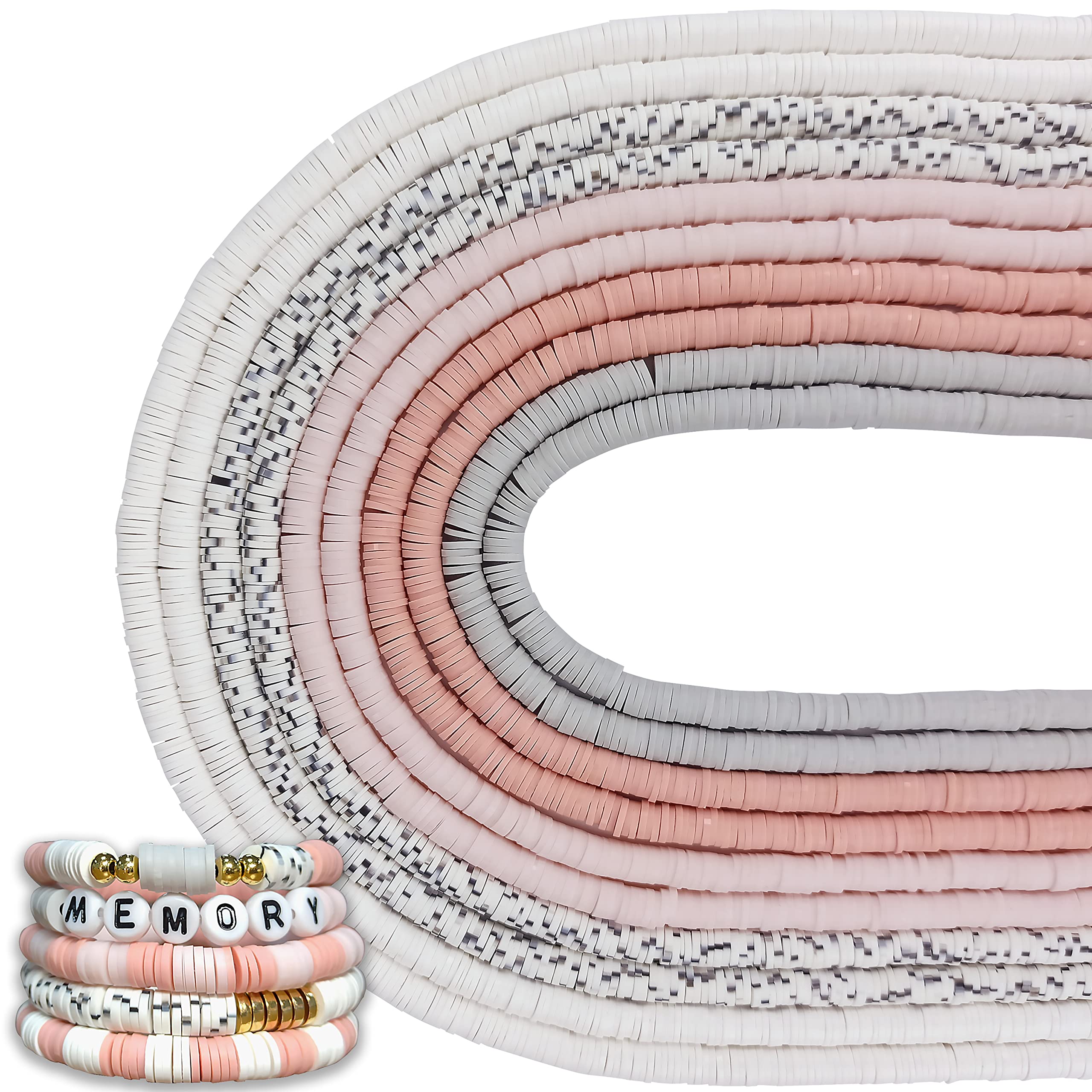 MIIIM 3600 PCS 10 Strands Clay Beads Polymer Clay Beads for Jewelry Making, Vinyl Heishi Beads 6mm for Surfer Bracelets Necklace Making (Memory)