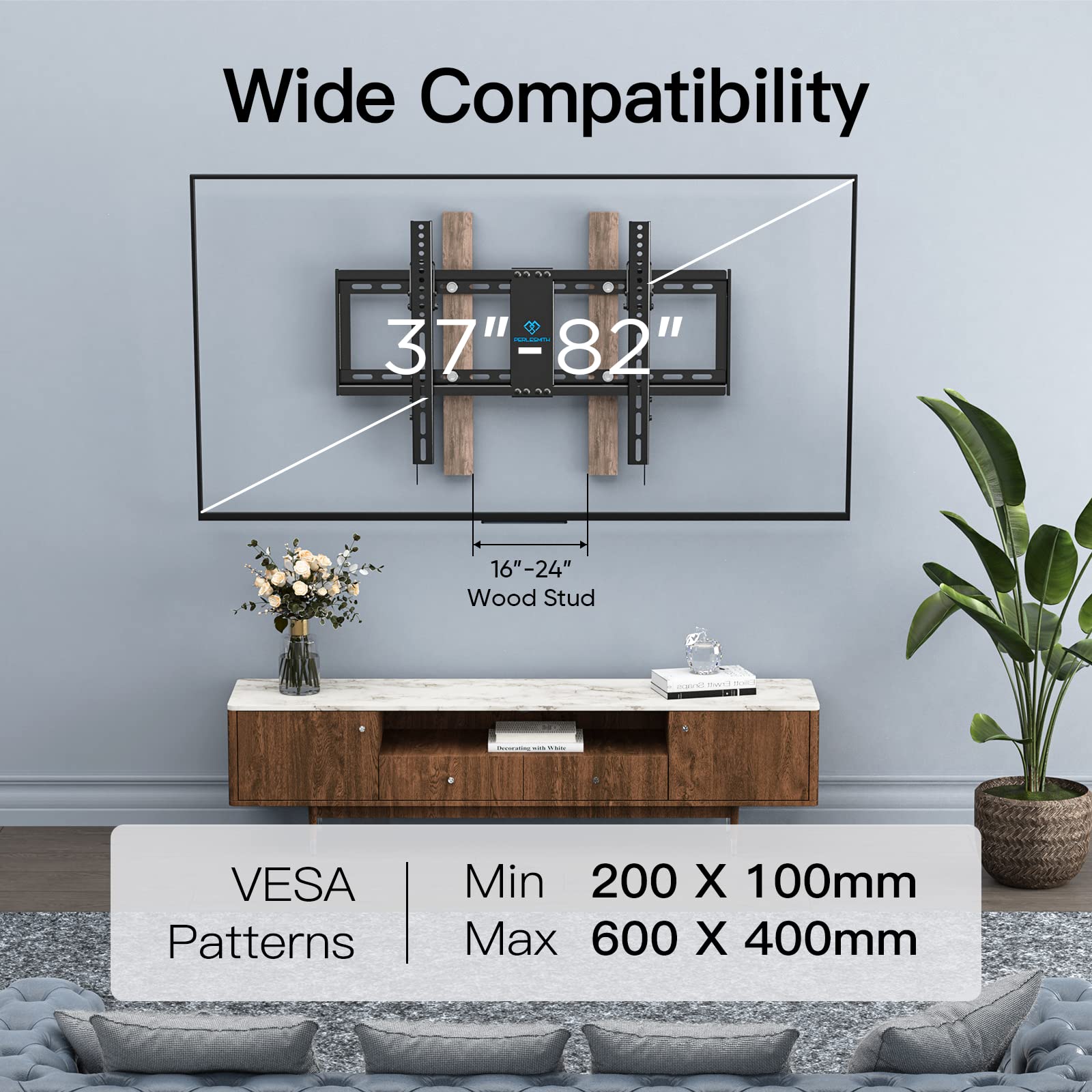 PERLESMITH Tilt TV Wall Mount for Most 37-82 inch TVs up to 132 lbs, Tilt TV Wall Mount Fits 16β/18β/24β Wood Studs, Low Profile Flat Wall Mount with Max VESA 600x400mm, PSLTK1