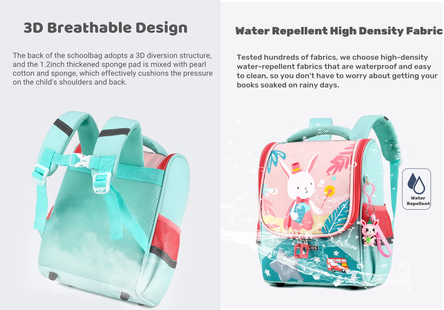 Qckarobe Kids Backpack for Girls Boys, 15 inch Elementary Kindergarten Backpack, Cute Rabbit Toddler Backpack, Lightweight Water-resistant Preschool Nursery Travel Backpack Children Schoolbag
