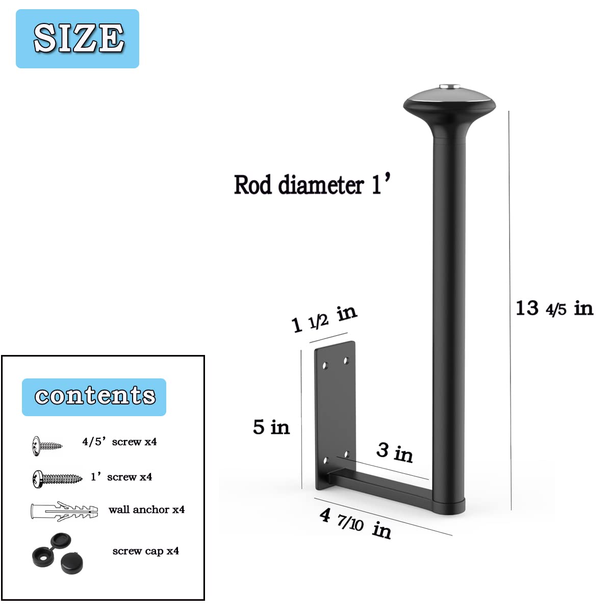 Black Paper Towel Holder Wall Mount Under Cabinet Drilling Toilet Paper Holder Stainless Steel Hand Towel Holder (with Cap)