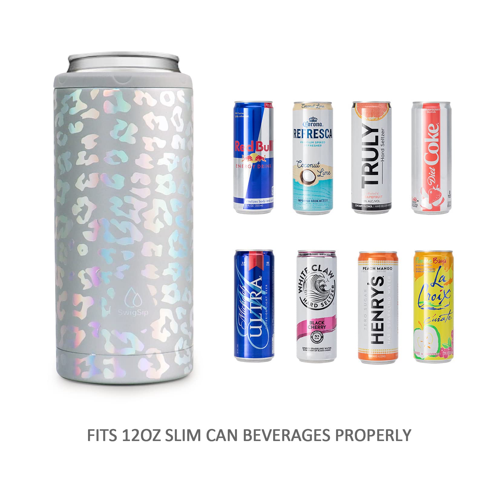 Swig Sip Skinny Can Cooler - Double Wall Stainless Steel Vacuum Insulated Can Holder for 12oz Slim Tall Beverage Bridesmaid Gift (Laser Leopard)