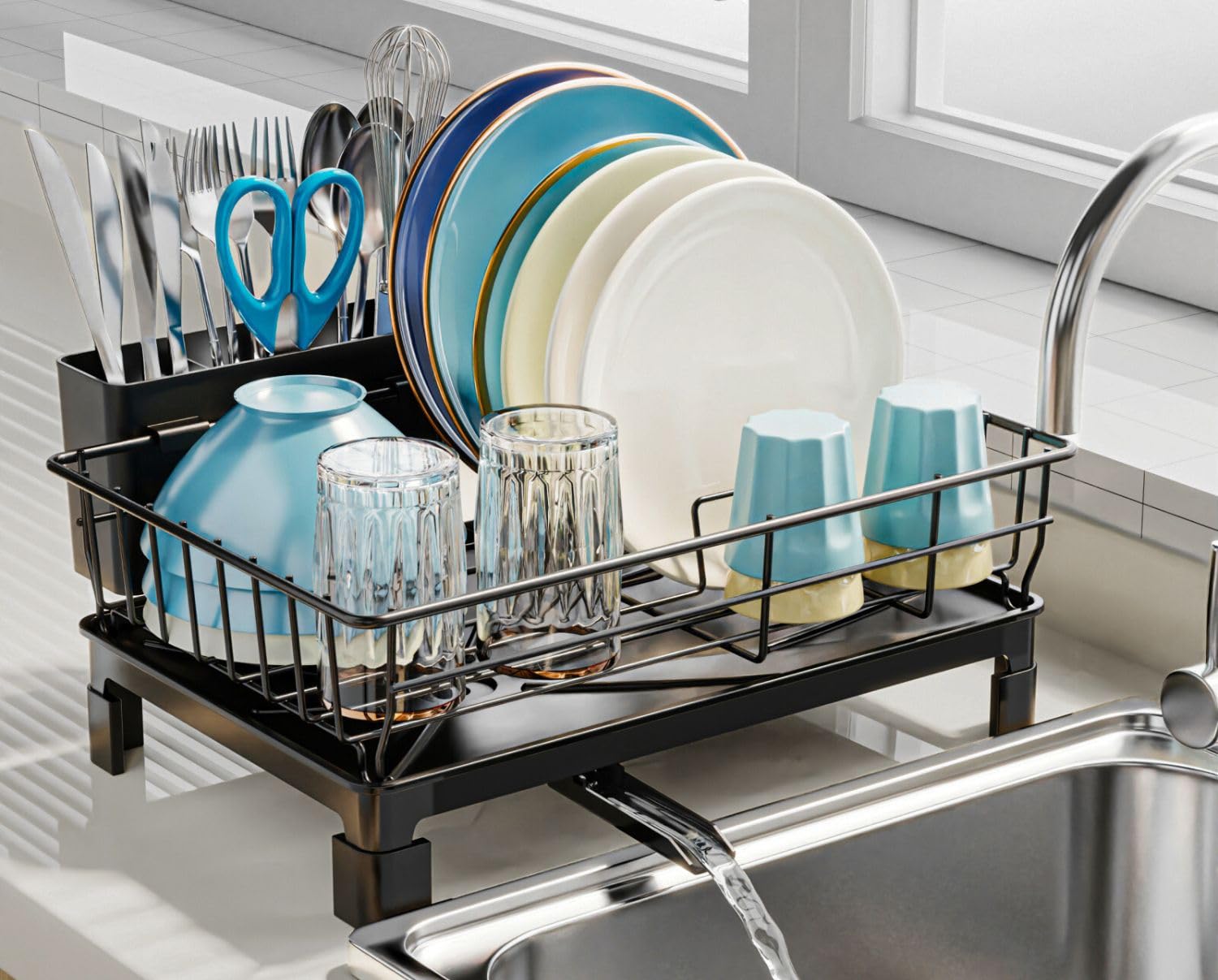 GSlife Dish Drying Rack, Small Dish Rack with Tray Compact Dish Drainer for Kitchen Counter Cabinet, Black