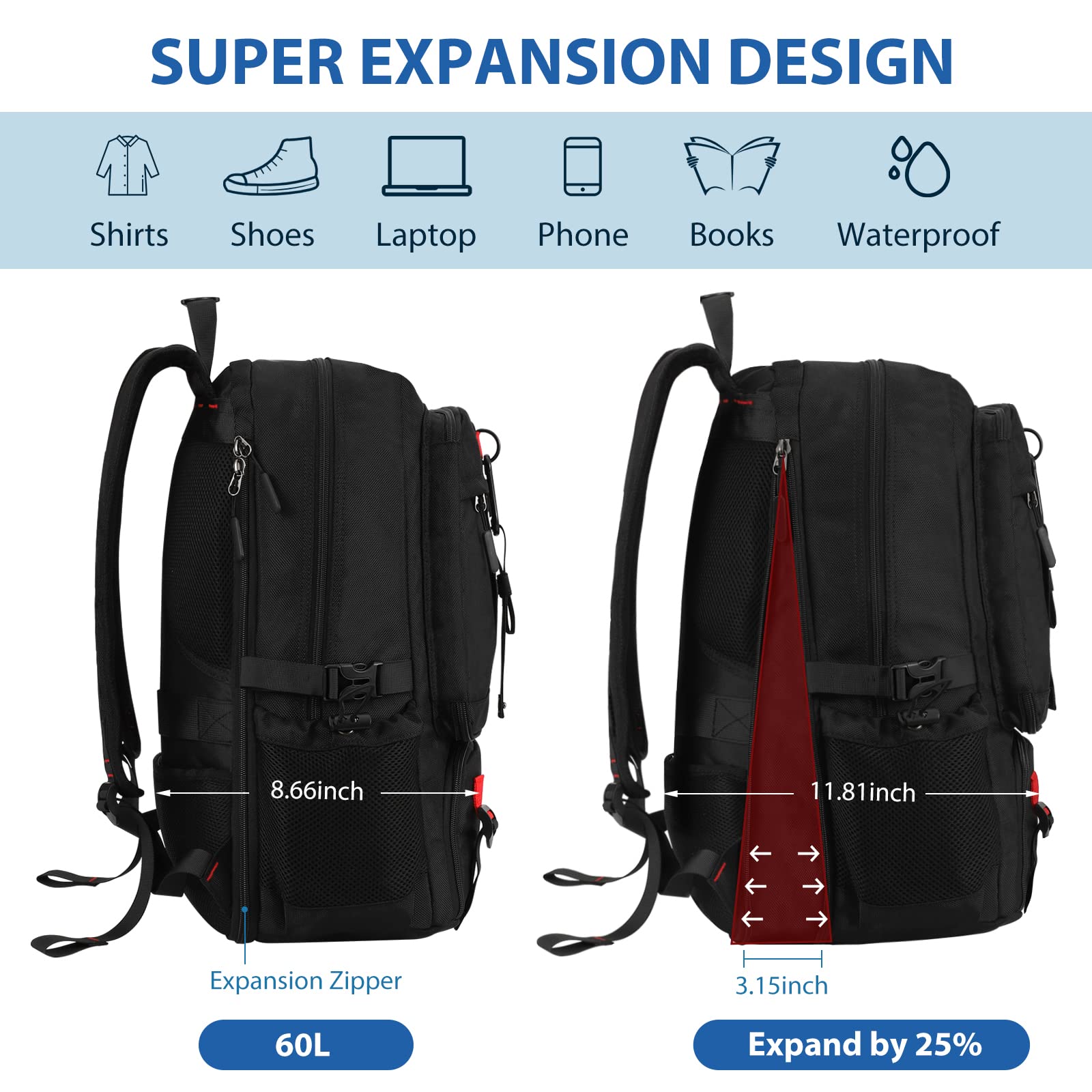 Fujampe Travel Laptop Backpack with Shoes Compartment USB Charging Port Large 60L Carry on Backpack School Bag Fit 17 Inch Laptops for Men Women