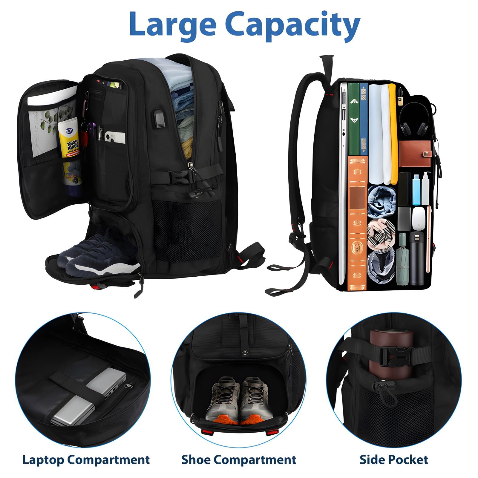 Fujampe Travel Laptop Backpack with Shoes Compartment USB Charging Port Large 60L Carry on Backpack School Bag Fit 17 Inch Laptops for Men Women