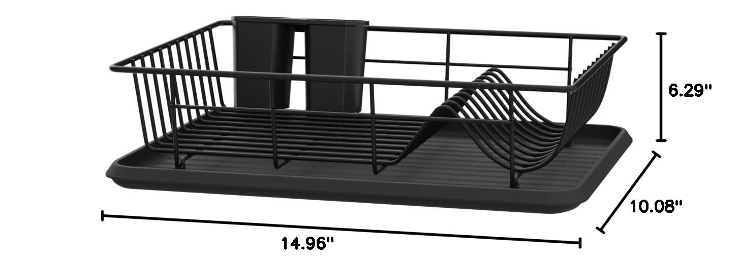 GSlife Dish Drying Rack, Small Dish Rack with Tray Compact Dish Drainer for Kitchen Counter Cabinet, Black