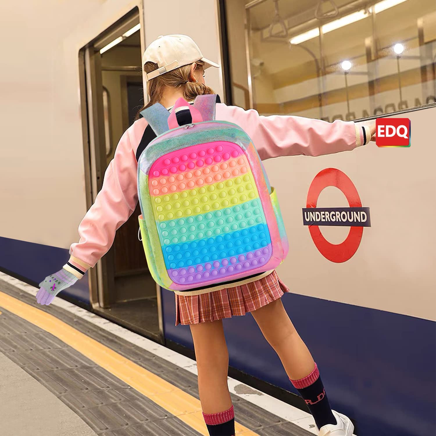 Ejoich Pop On It Backpack for Girls Boys, Large Capacity Fidget Toys Backpack Rainbow Pop Shoulder Bag Pop School Bookbag (Laser Pink)