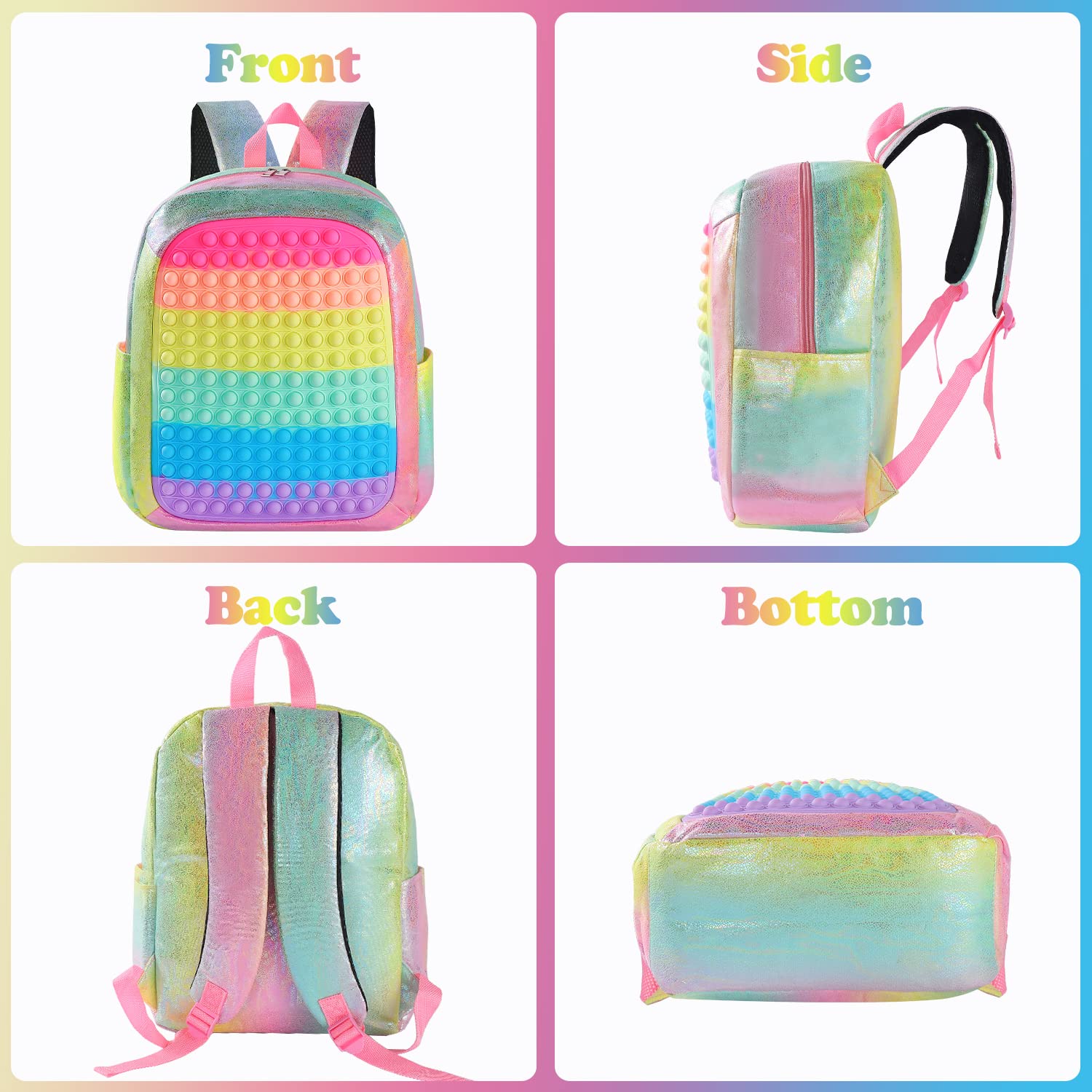 Ejoich Pop On It Backpack for Girls Boys, Large Capacity Fidget Toys Backpack Rainbow Pop Shoulder Bag Pop School Bookbag (Laser Pink)