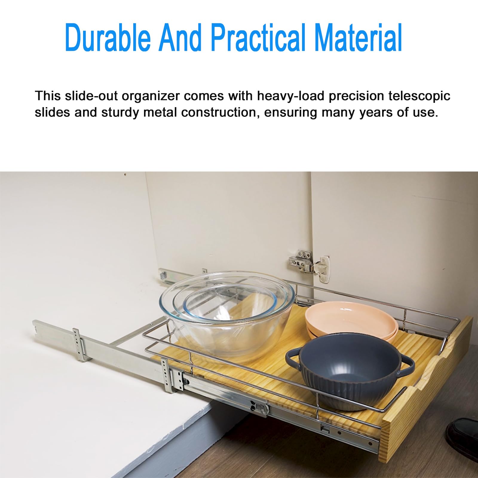 DINDON Pull Out Cabinet Organizer (14" W x 21" D),1 Tier Slide Out Shelf, Shelves Organization and Storage for Kitchen Under Sink Space, Wood and Wire Basket