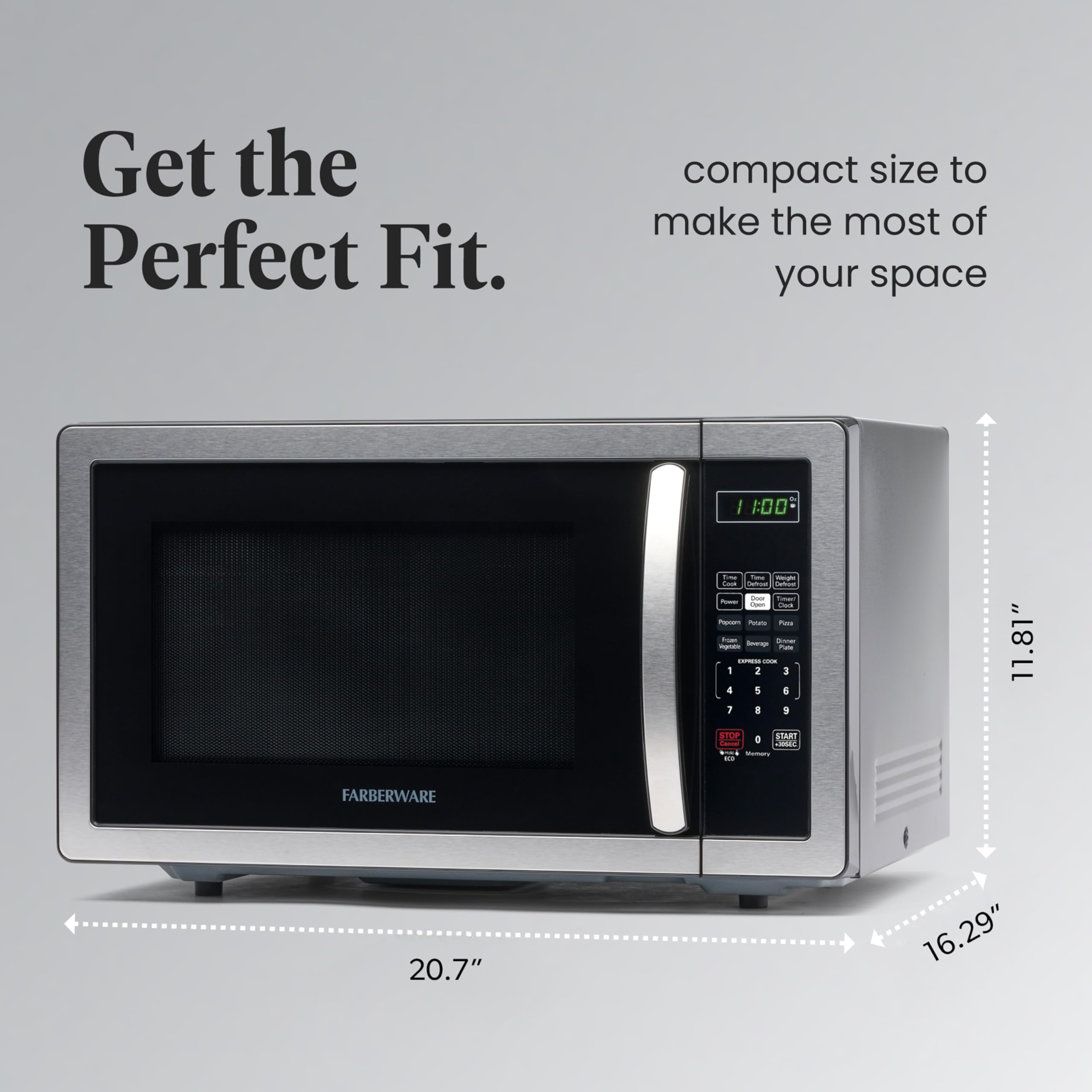 Farberware Countertop Microwave 1.1 Cu. Ft. 1000-Watt Compact Microwave Oven with LED lighting, Child lock, and Easy Clean Interior, Stainless Steel Interior & Exterior