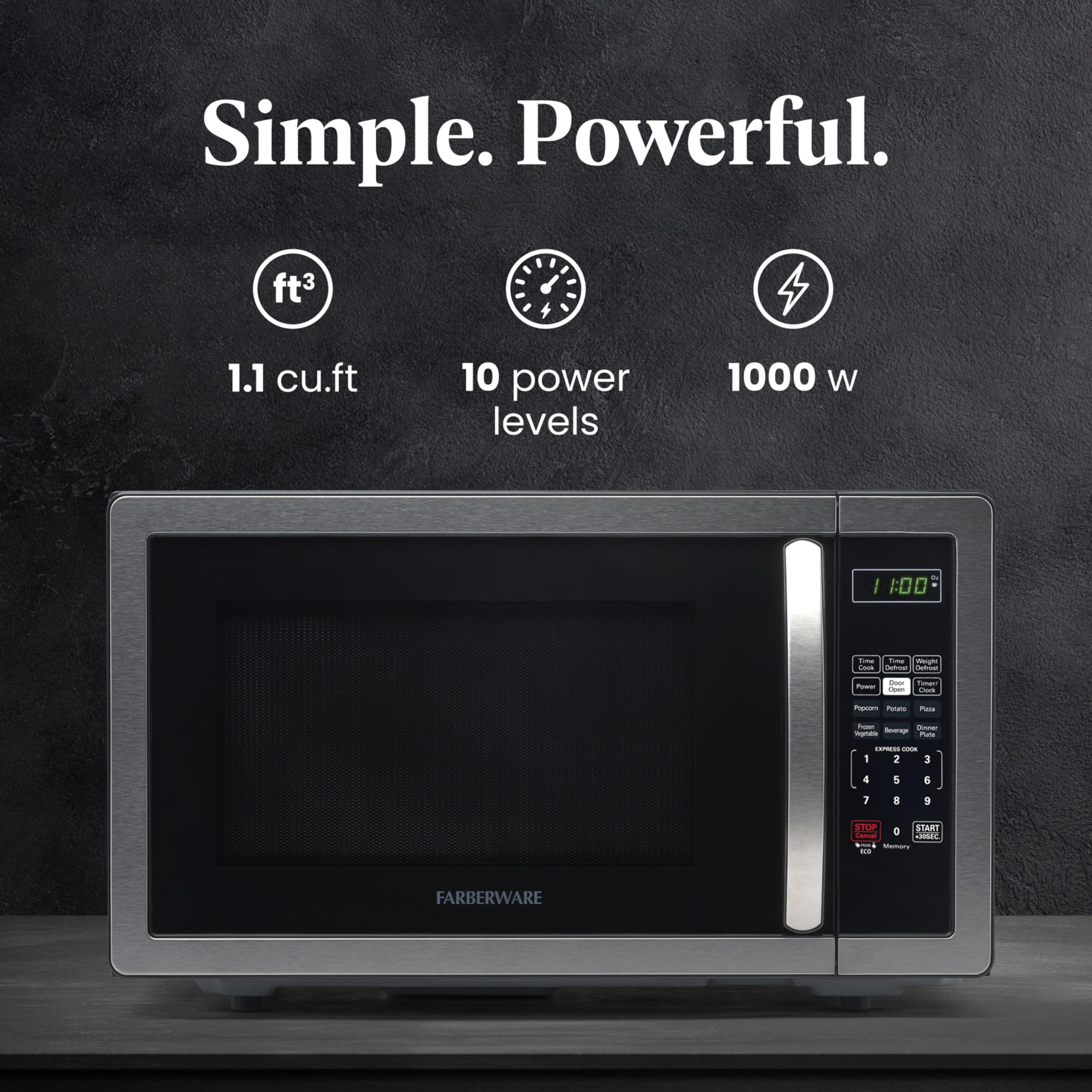 Farberware Countertop Microwave 1.1 Cu. Ft. 1000-Watt Compact Microwave Oven with LED lighting, Child lock, and Easy Clean Interior, Stainless Steel Interior & Exterior